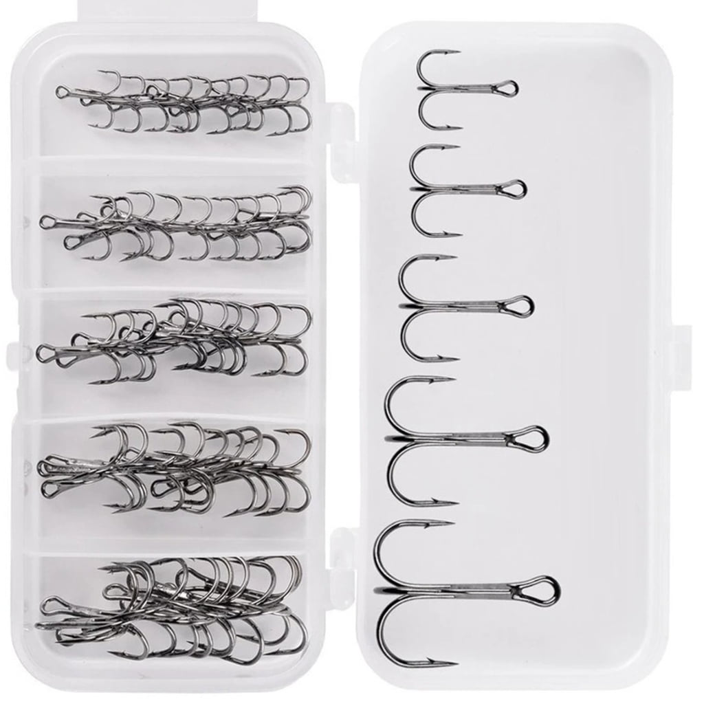 50Pcs Round Bend Treble Hook Set High Carbon Steel Heavy Duty Fishing ...