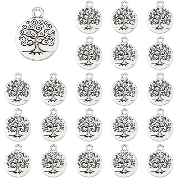 50Pcs Silver Tree of Life Charms Tibetan Style Alloy Tree Charms Flat ...