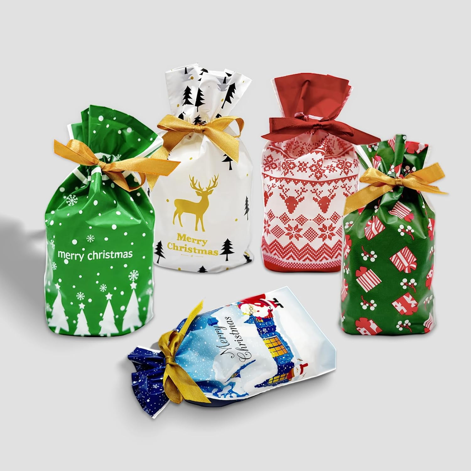 50Pcs Small Christmas Treat Bags, Xmas Plastic Drawstring Gift Bags ...