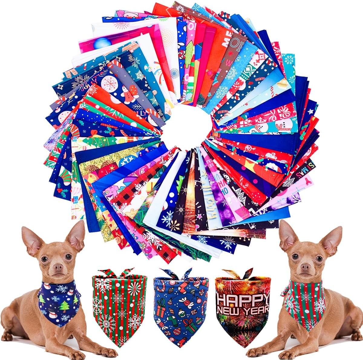 50Pcs Small Dog Bandanas Bulk Christmas Happy New Year Cat Scarf ...