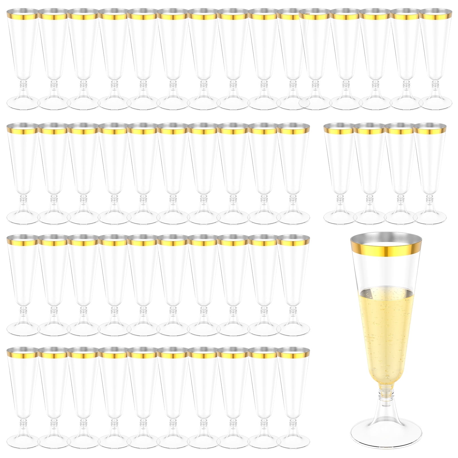 50Pcs Plastic Cups Unbreakable PP Champagne Flutes Gold Clear Grip Easy ...