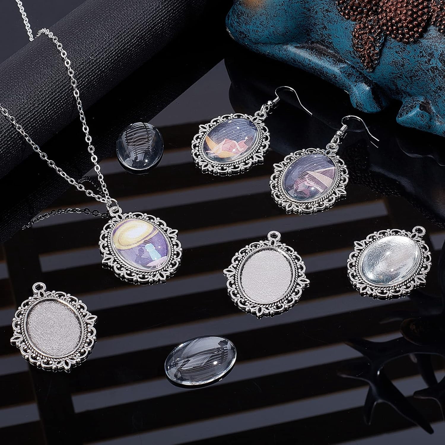 50Sets Retro Style Oval Cabochon Tray Kit 25x18mm 50Pcs Pendant Bezel ...