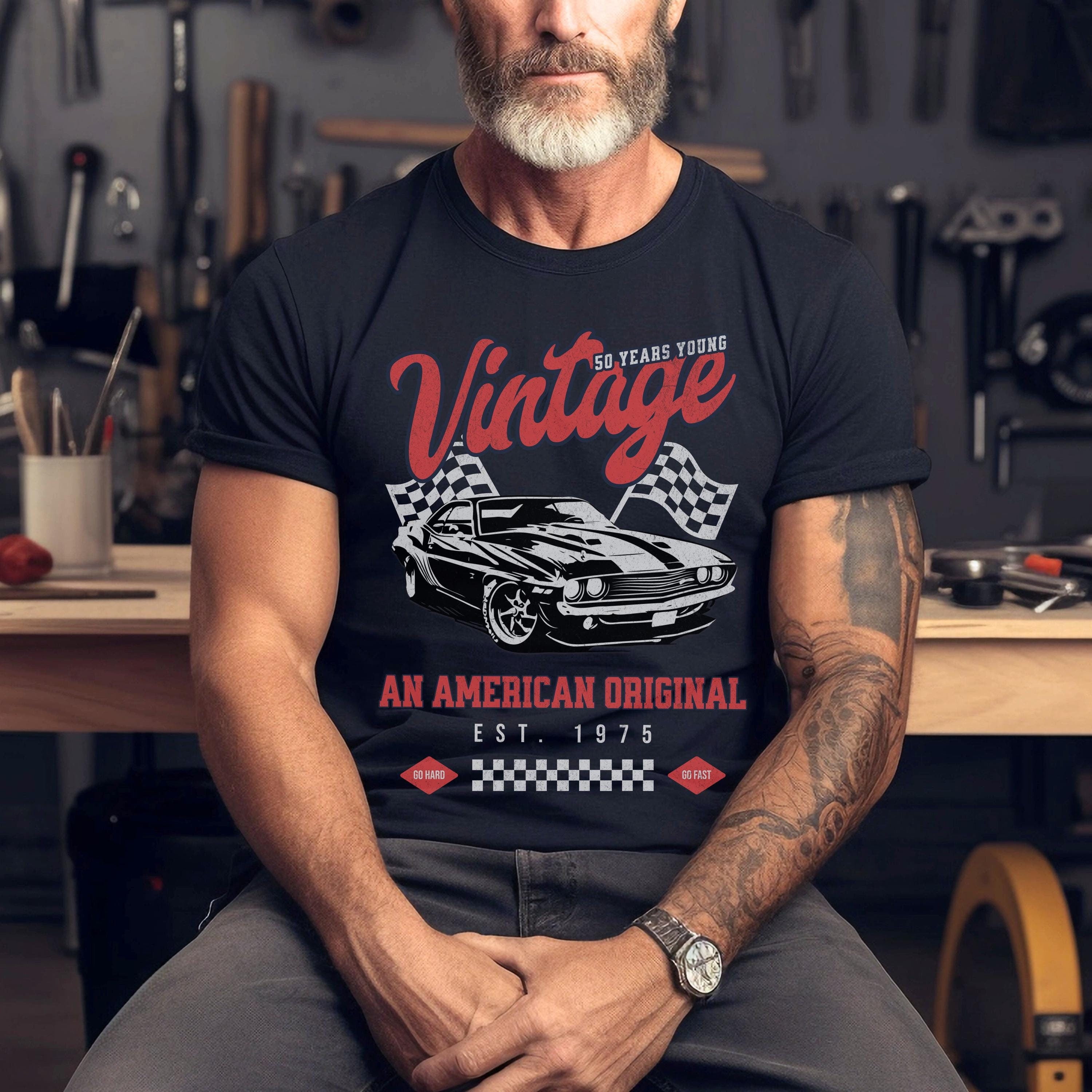 50Th Birthday Shirt, Born In 1975 Muscle Car T-Shirt For Men, Dad ...