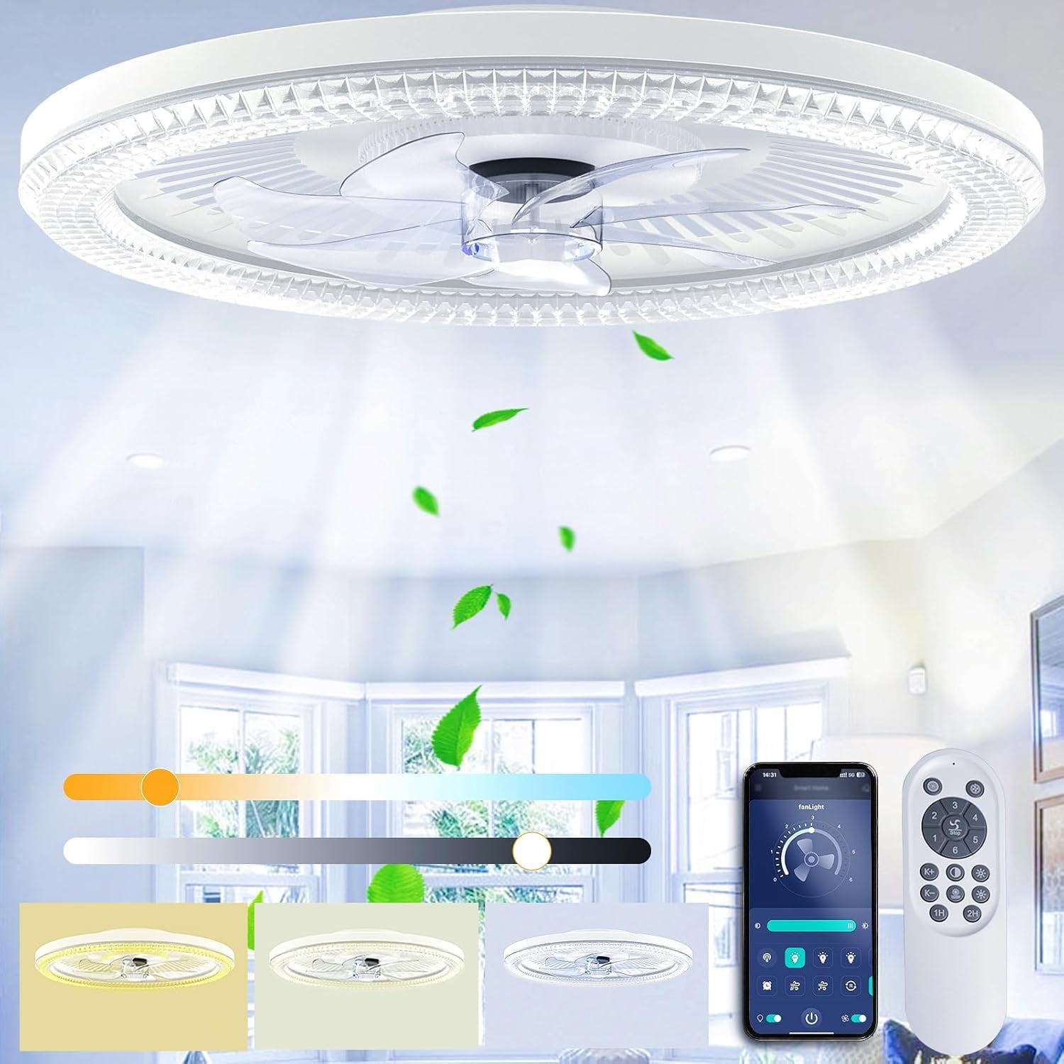 50W Ceiling Fans with Lights, Modern Ceiling Fans,19.68" Dimmable Low ...