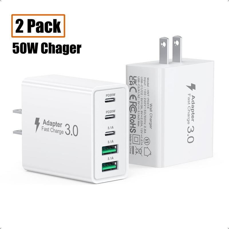50W USB C Wall Block, Portable 2Pack 5-Port C Fast Charging Block Dual ...