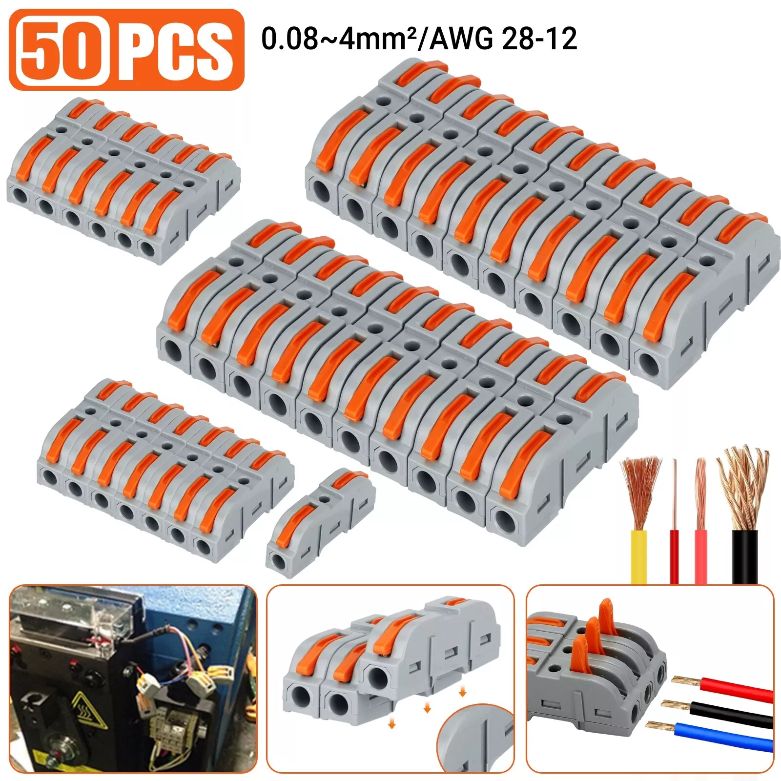50X Reusable Spring Lever Terminal Block Electric 28-12AWG Wire Cable ...