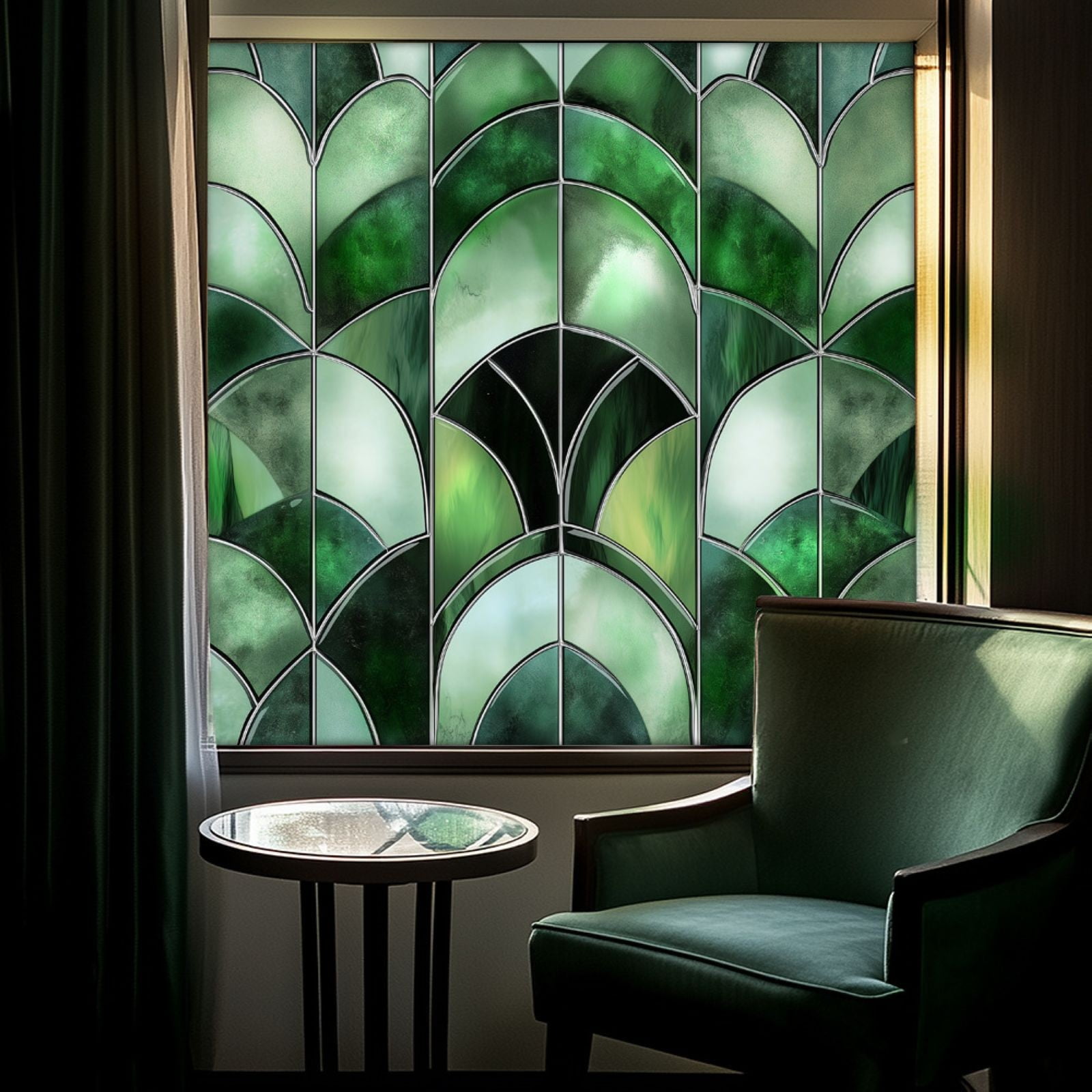50cm Green Fan Shaped Art Glass Window Film Static Cling Sticker ...
