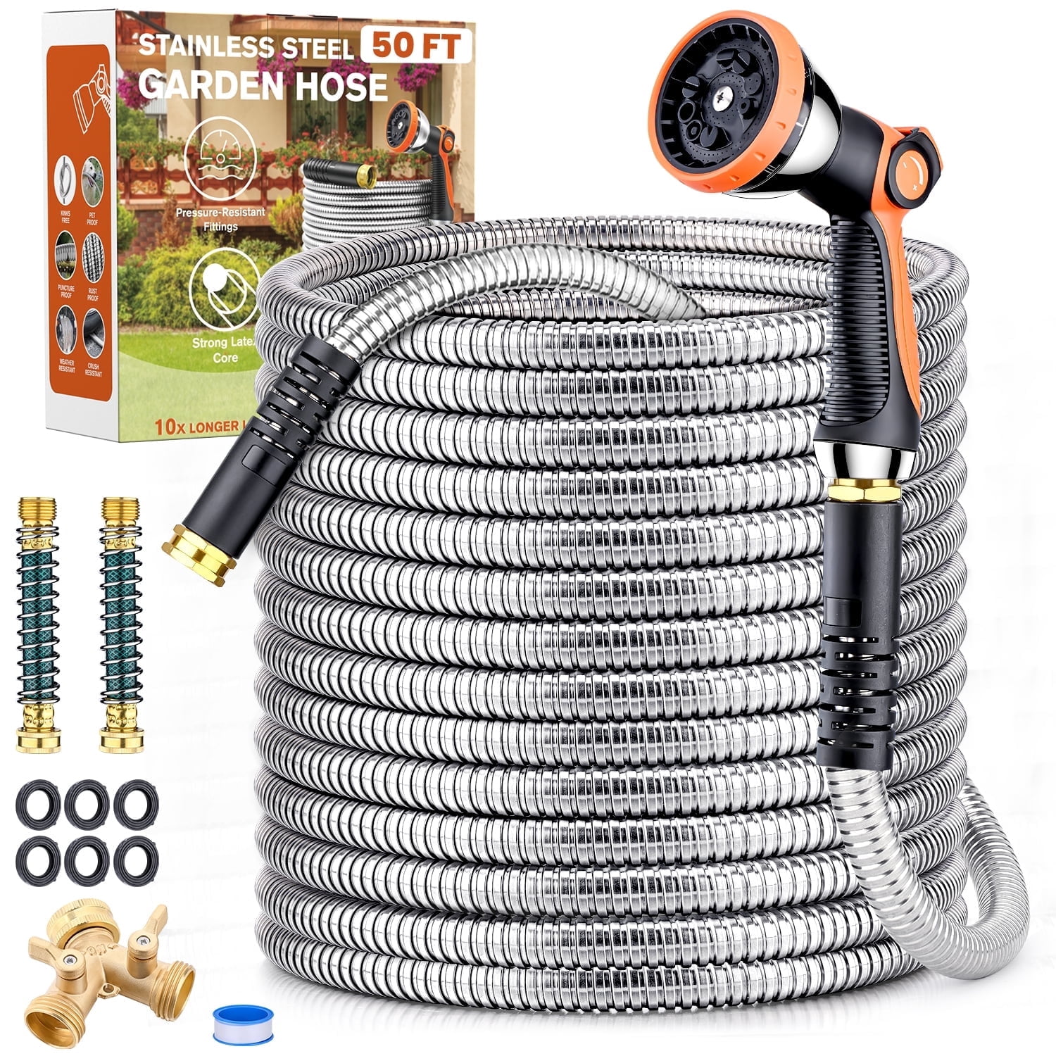 DEPTHOT 304 Stainless Steel Garden Hose, 50ft, Heavy Duty, Kink-Free ...