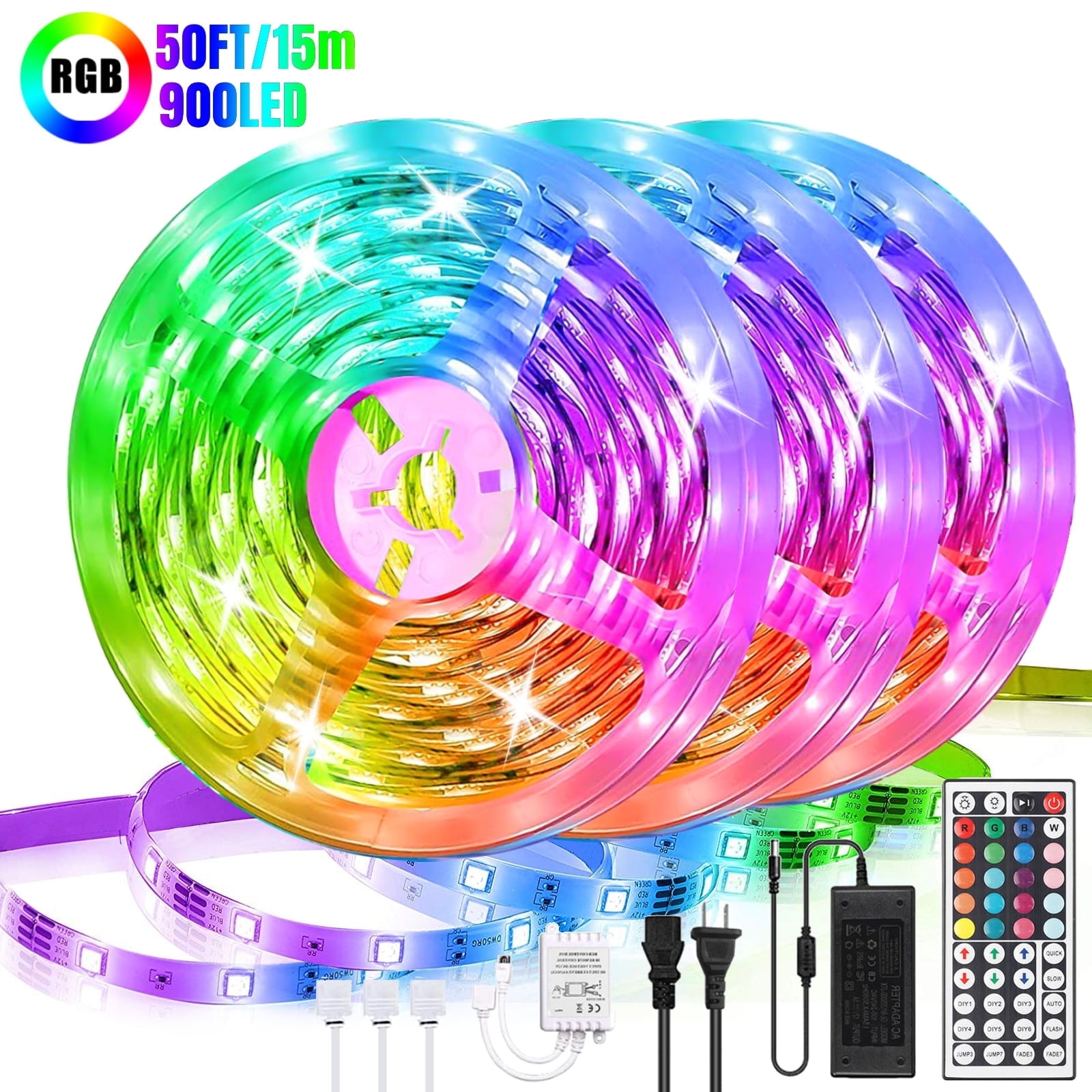 50ft 3528 LED Light Strip RGB Color Changing TV Backlight with Remote ...