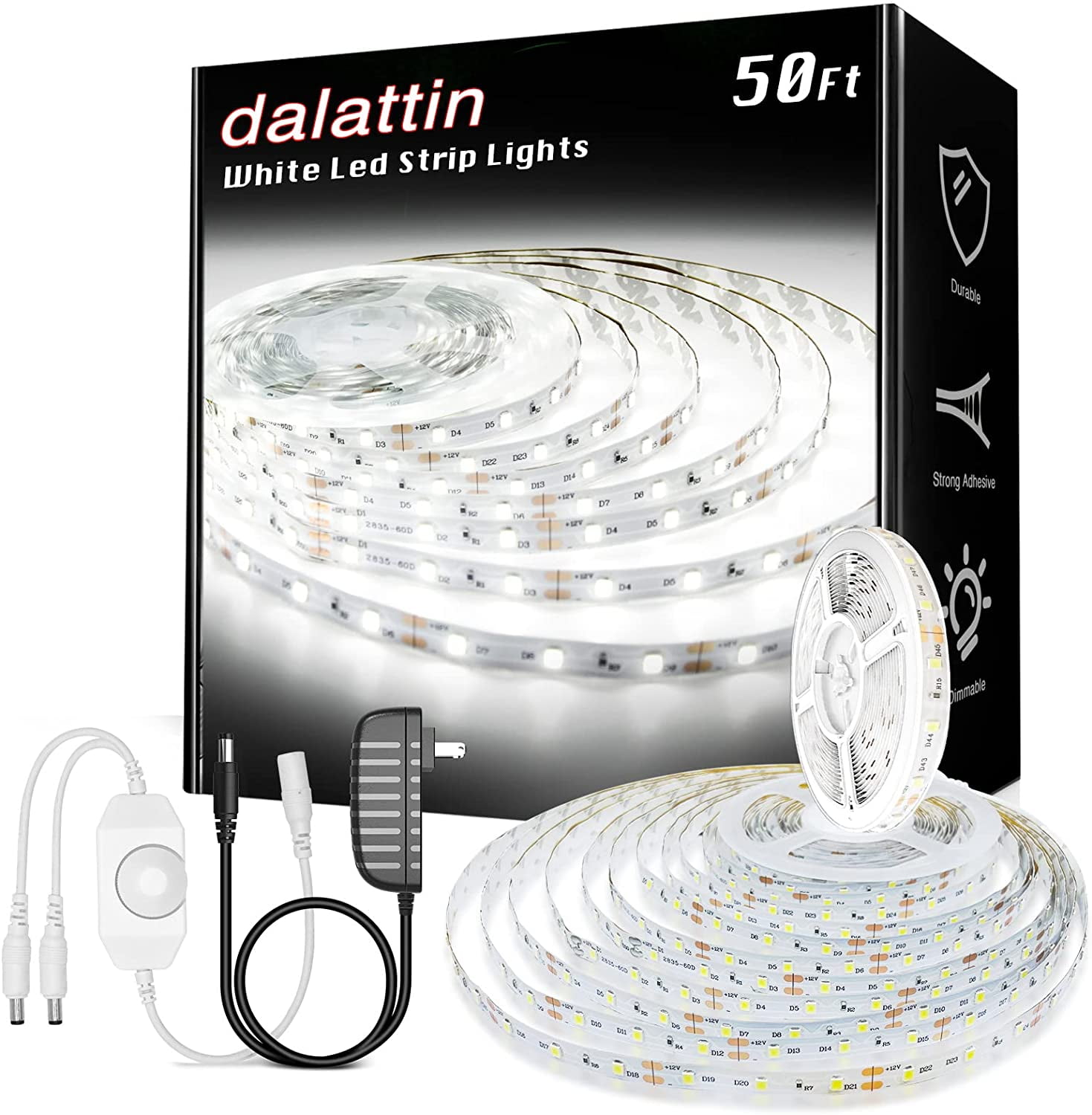 50ft Dimmable Bright White LED Strip Lights - 12V - 6500K Daylight ...