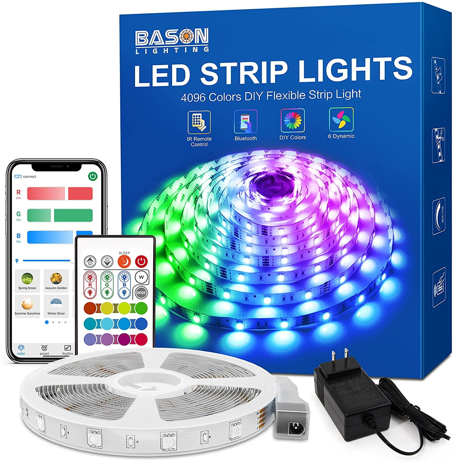 50ft LED Strip Lights, Bluetooth App Control and Remote Control Color ...