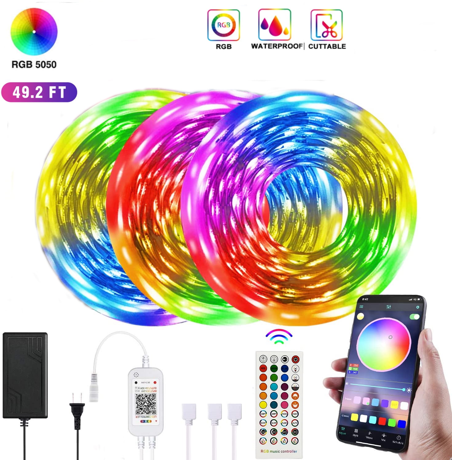 50ft LED Strip Lights, RGB 5050 Light Strip for Bedroom Cabinet Closet ...