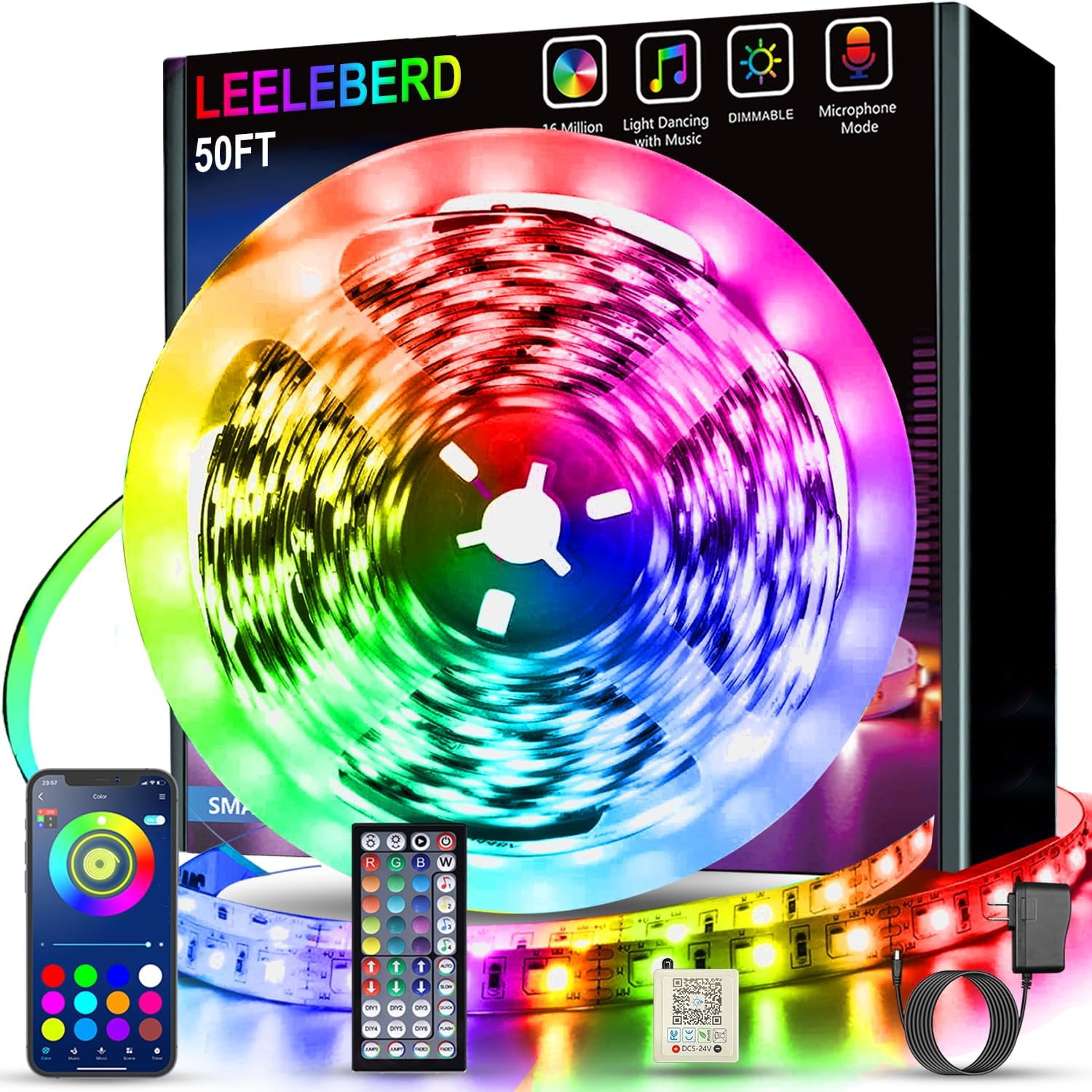50ft Led Lights for Bedroom, Bluetooth Smart APP Control RGB Color ...