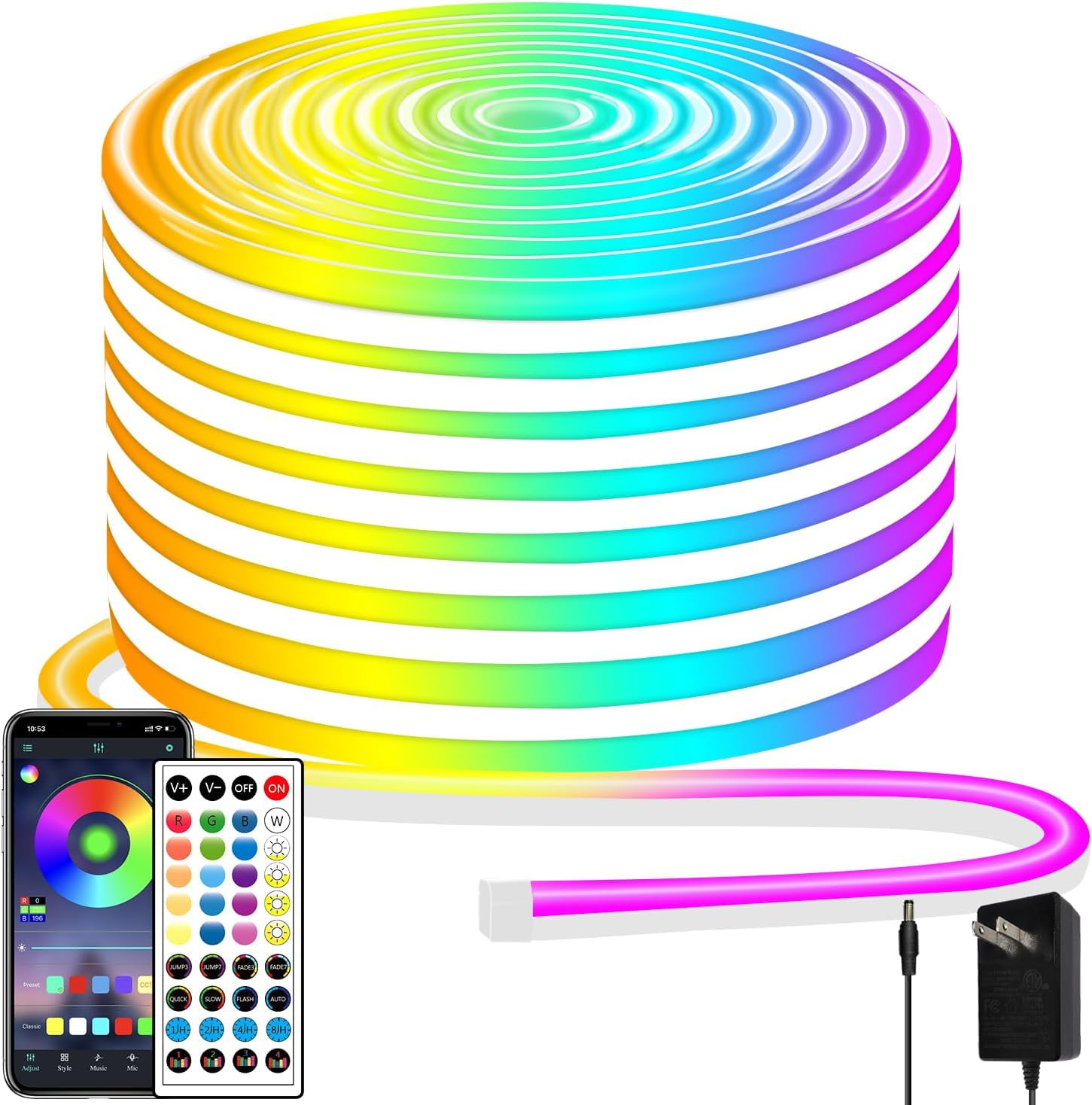 50ft Neon Rope Light, 24V RGB LED Strip Lights, Multi-Color, Music Sync ...
