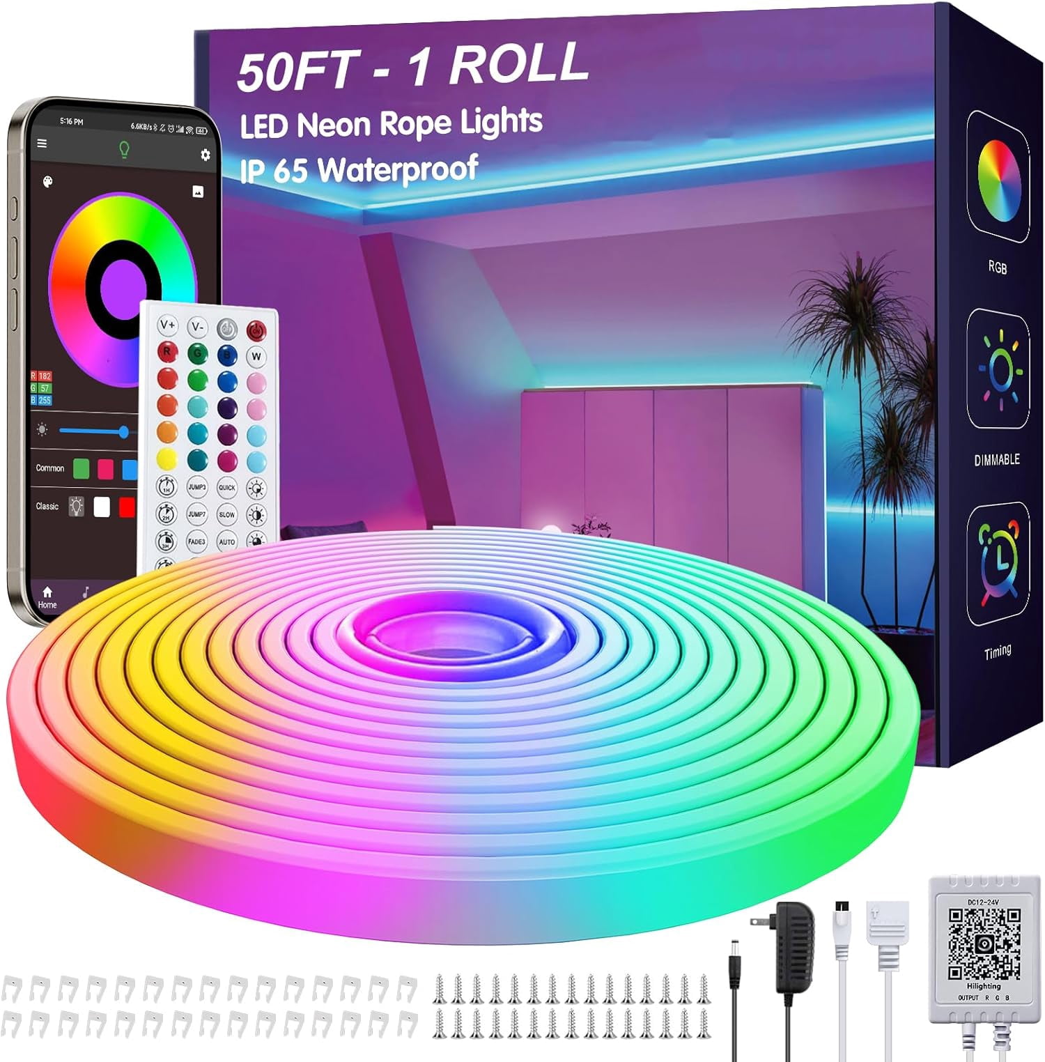 50ft Neon Rope Lights with App and Remote Control, IP65 Neon Strip ...