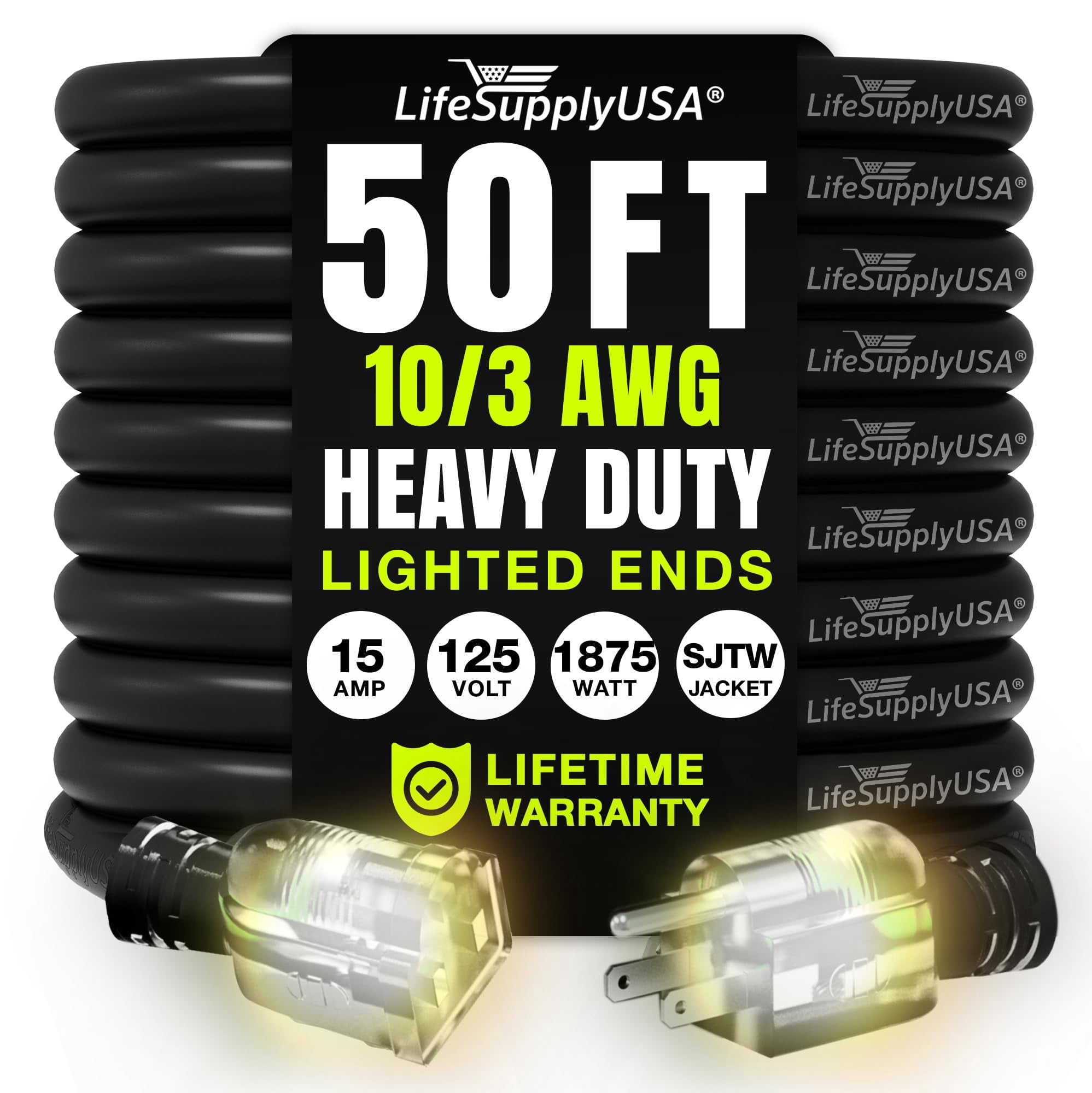 LifeSupplyUSA 50ft Outdoor & Indoor Extension Cord - 10 Gauge, 15 AMP ...
