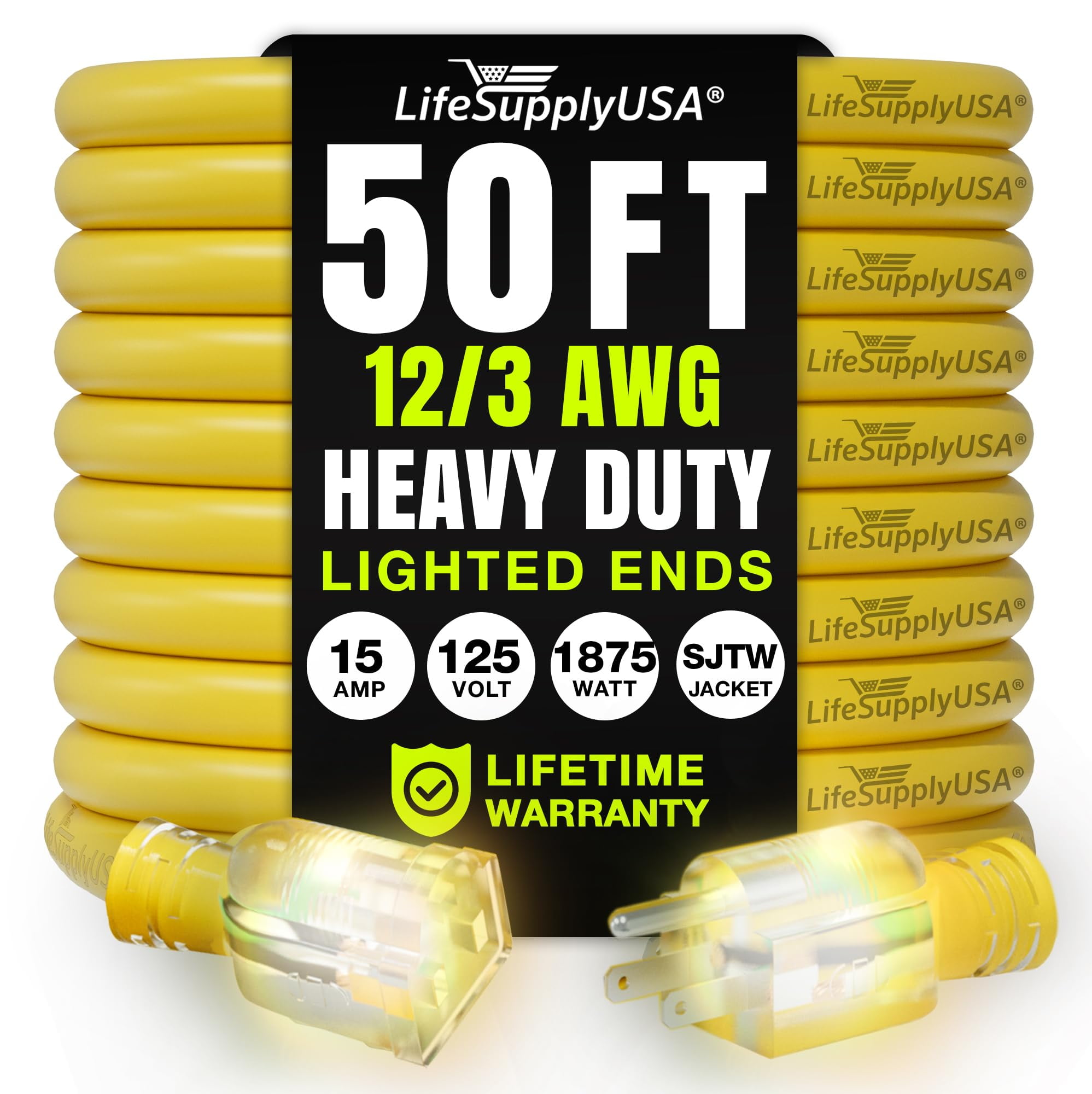 LifeSupplyUSA 50ft Outdoor Extension Cord, 12 Gauge, 15 AMP, 125 Volts, 1875 Watts - Yellow ...