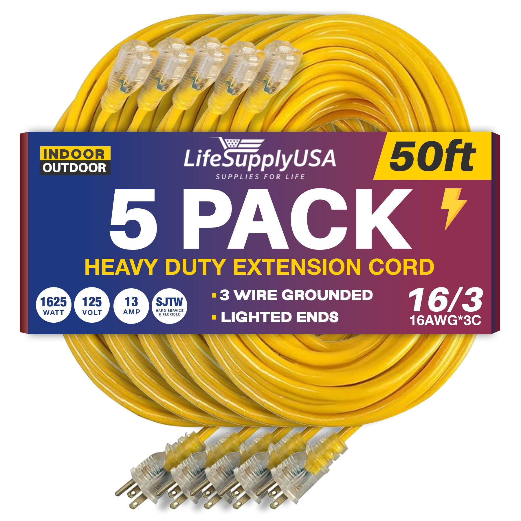 LifeSupplyUSA 50ft Heavy Duty Extension Cord, Indoor/Outdoor, 3 Prong ...