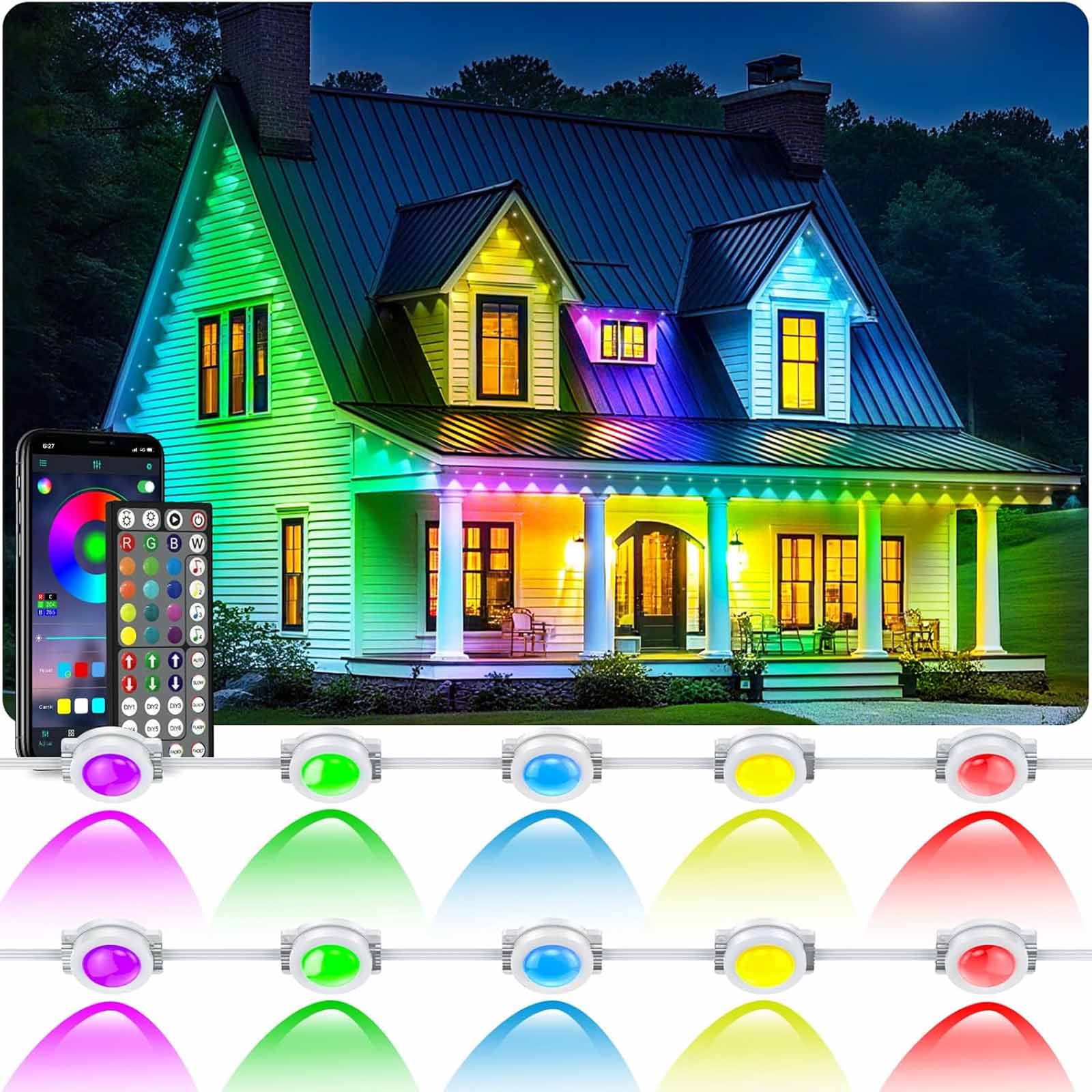 50ft Outdoor RGB LED Lights for House Roof Yard and Patio Waterproof ...