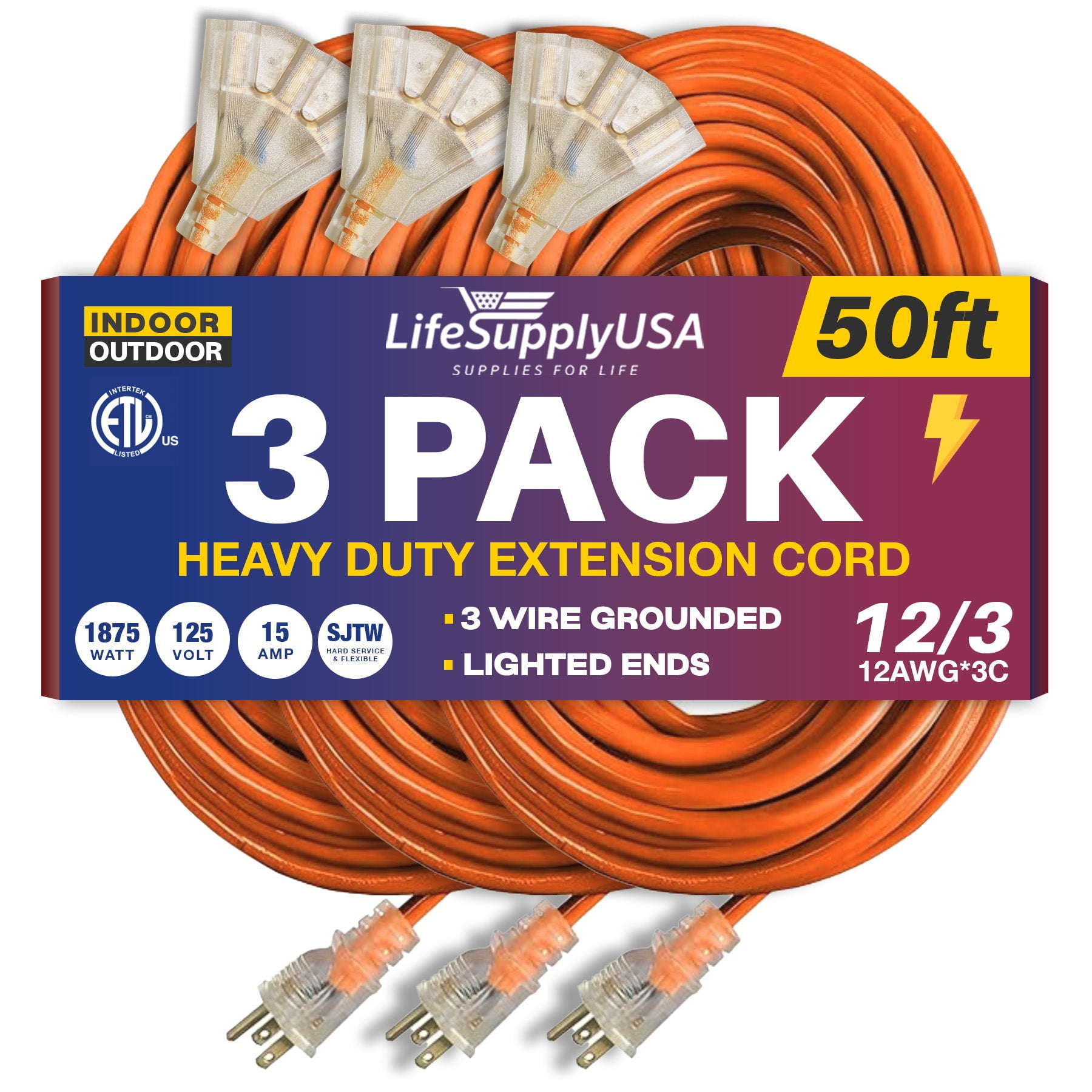 50ft Power Outdoor Extension Cord & Indoor - Waterproof Electric Drop ...