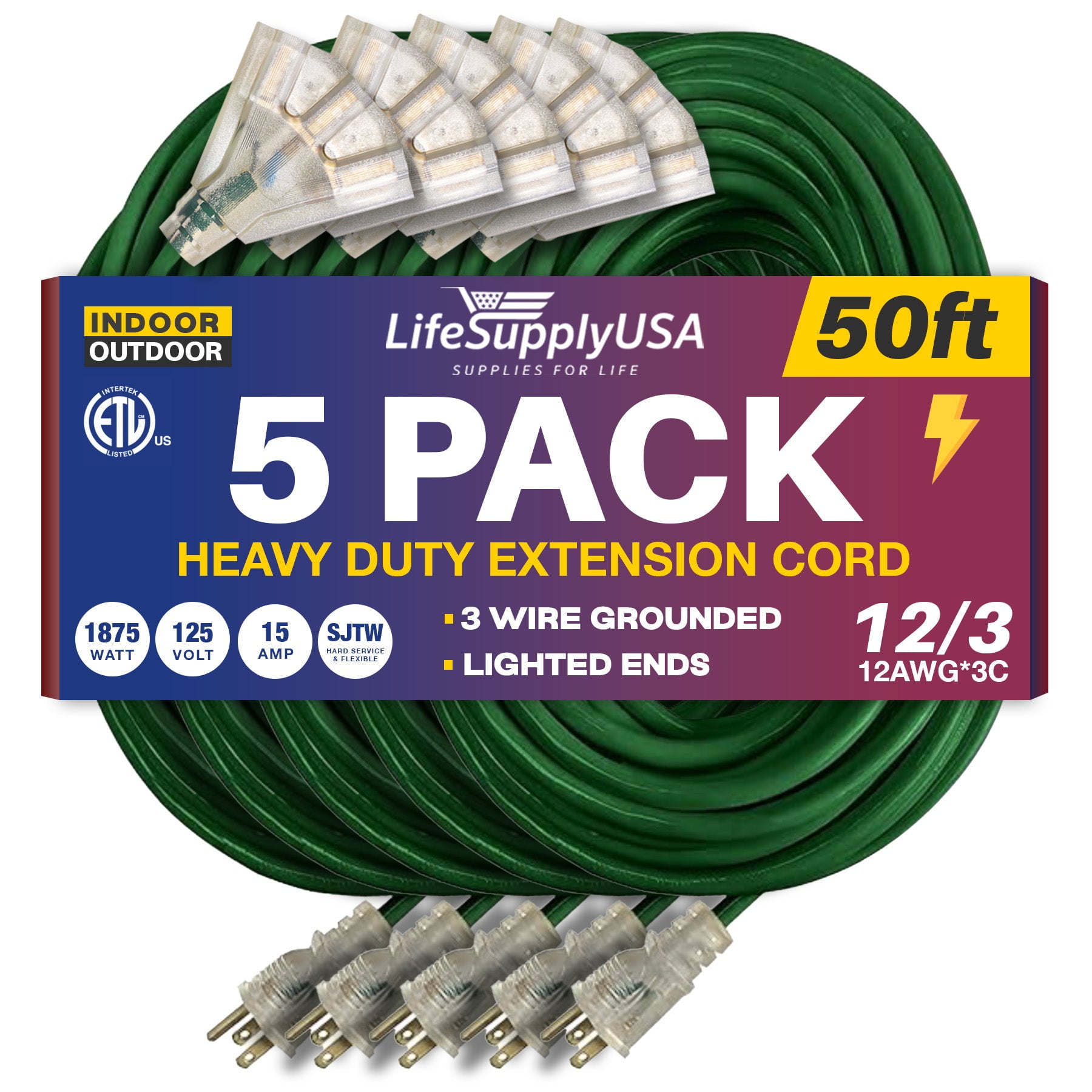 50ft Power Outdoor Extension Cord & Indoor - Waterproof Electric Drop ...