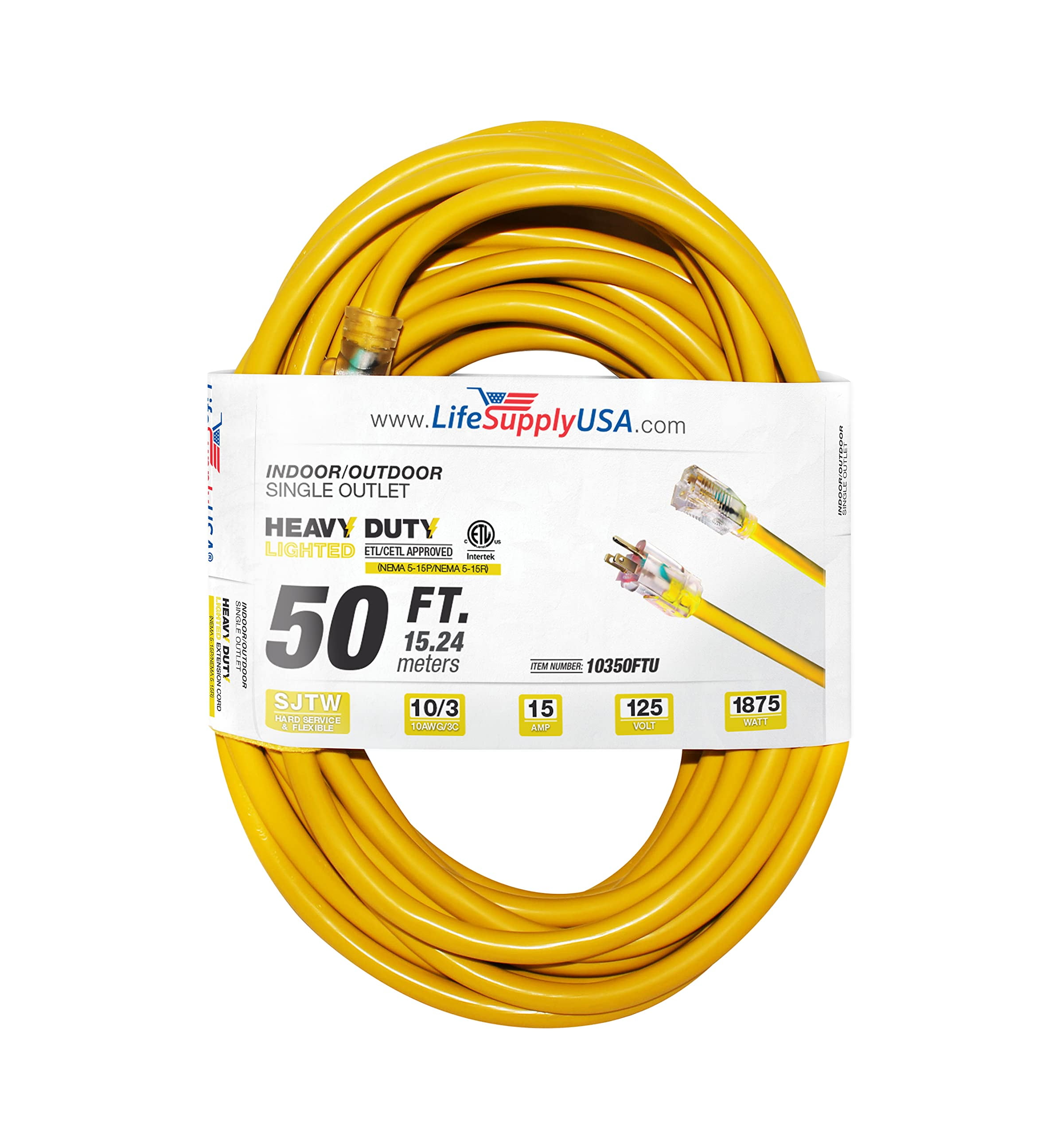 50ft Power Extension Cord Outdoor & Indoor - Waterproof Electric Drop ...