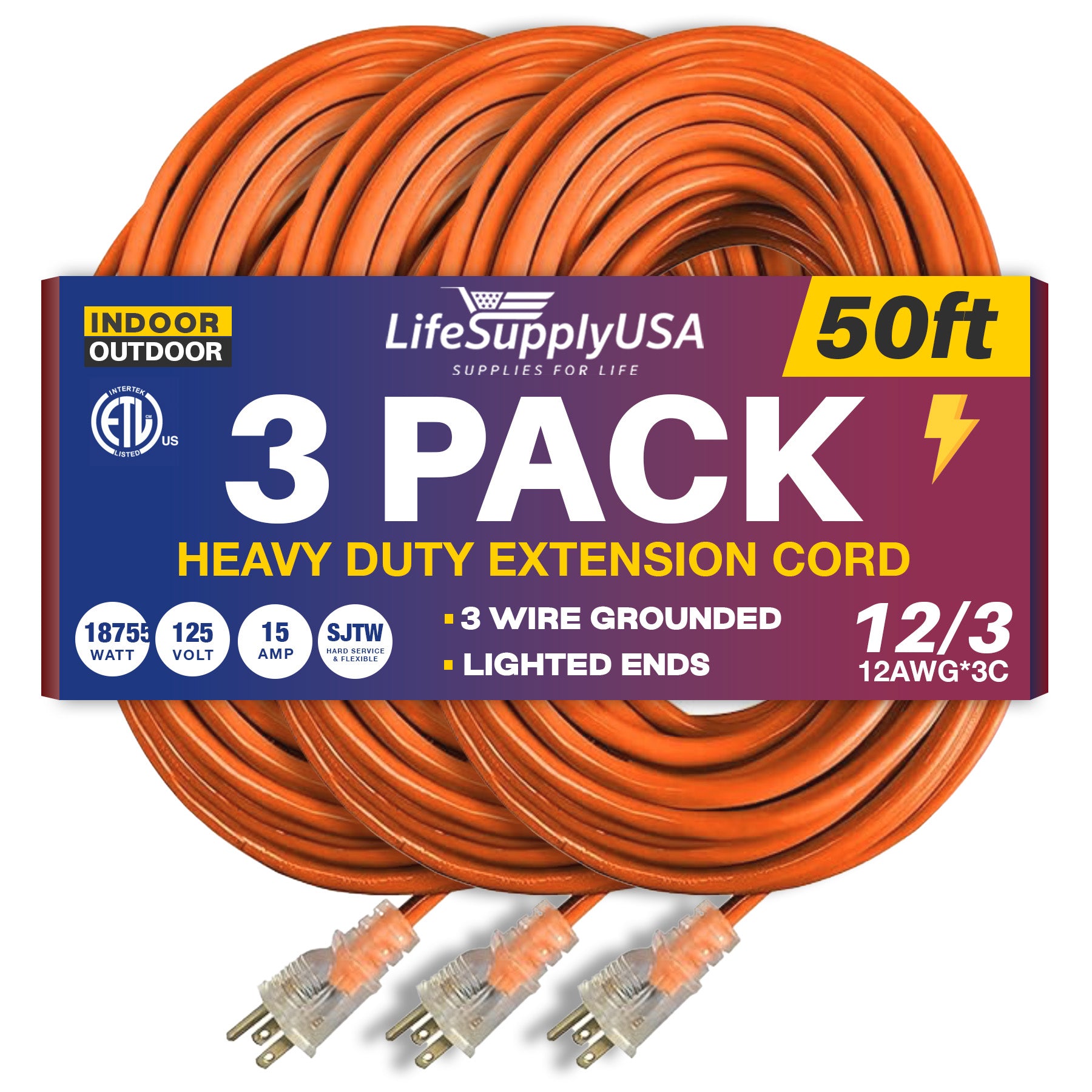 50ft Power Outdoor Extension Cord & Indoor - Waterproof Electric Drop ...