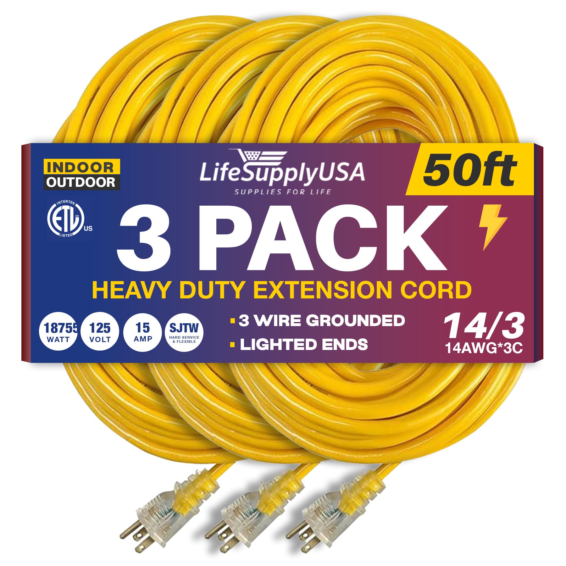 50ft Power Outdoor Extension Cord & Indoor - Waterproof Electric Drop ...
