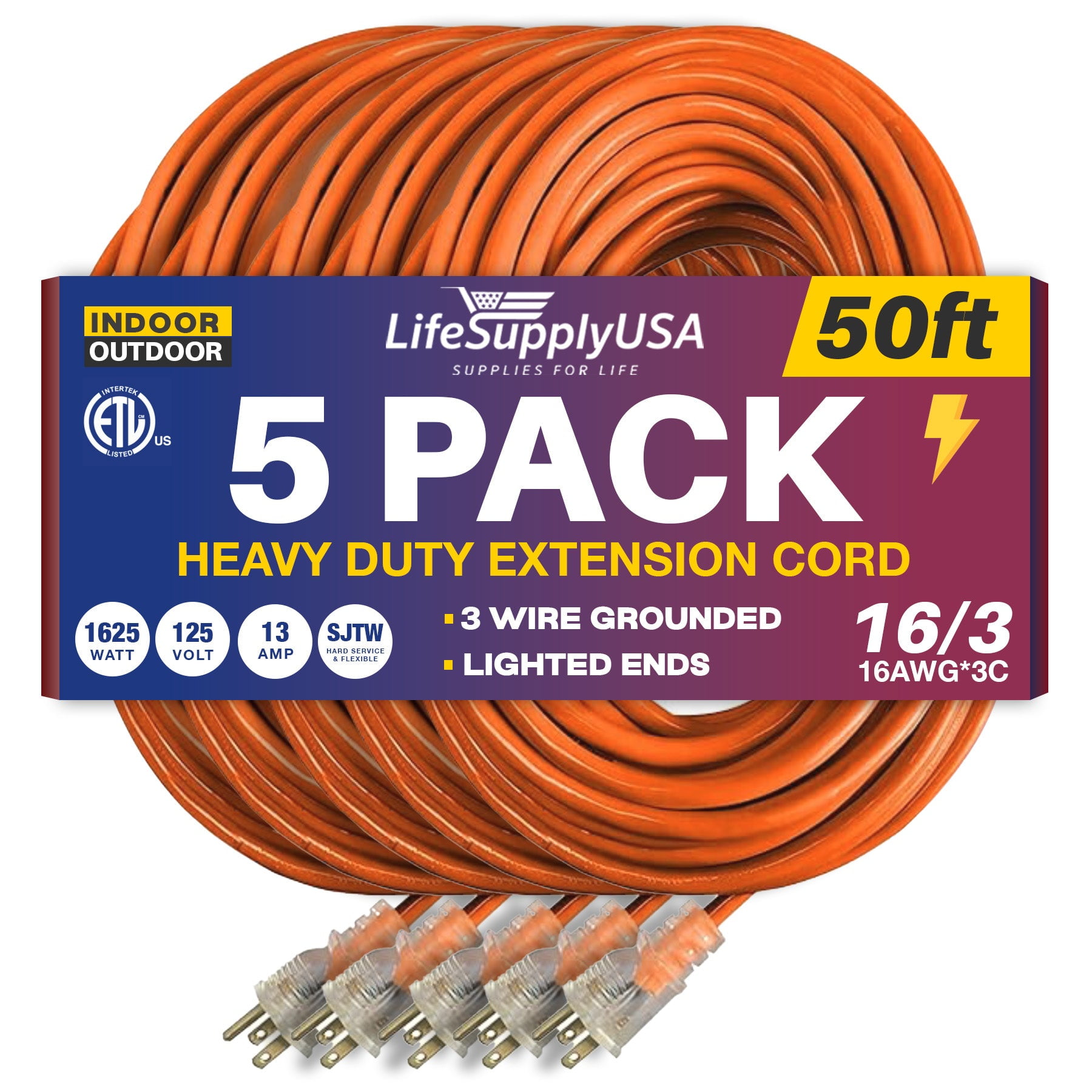 50ft Power Outdoor Extension Cord & Indoor - Waterproof Electric Drop ...