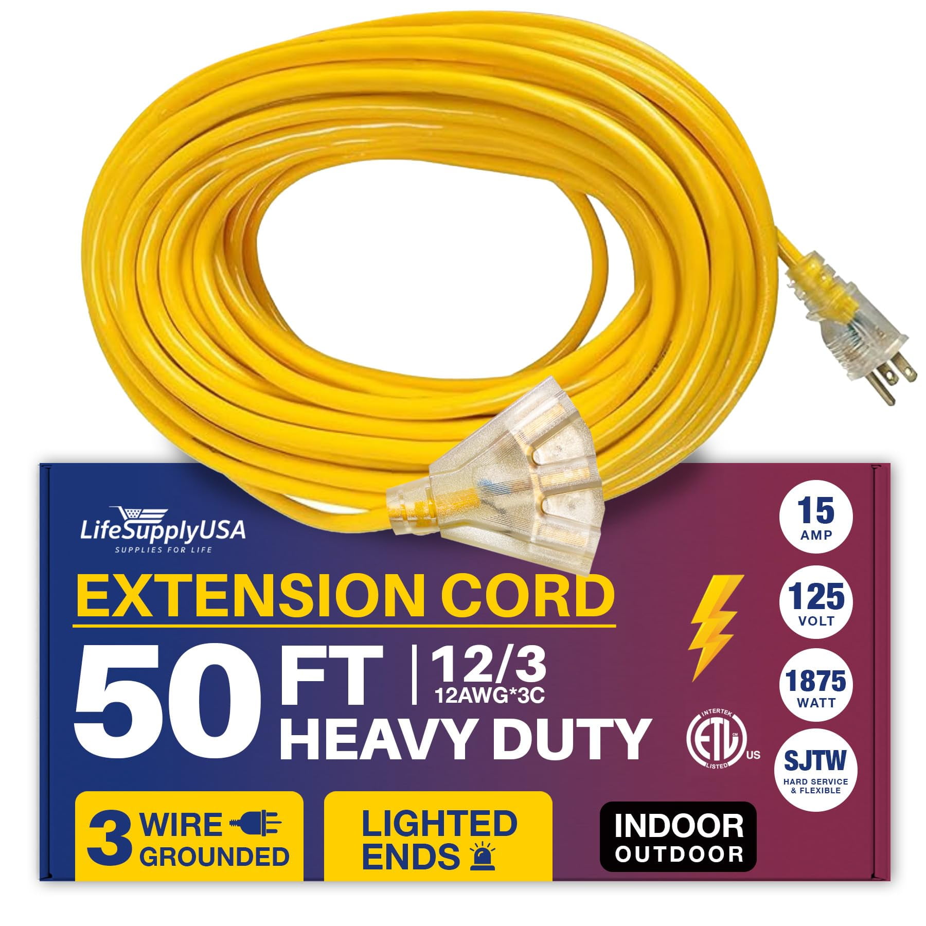 50ft Power Outdoor Extension Cord & Indoor - Waterproof Electric Drop ...