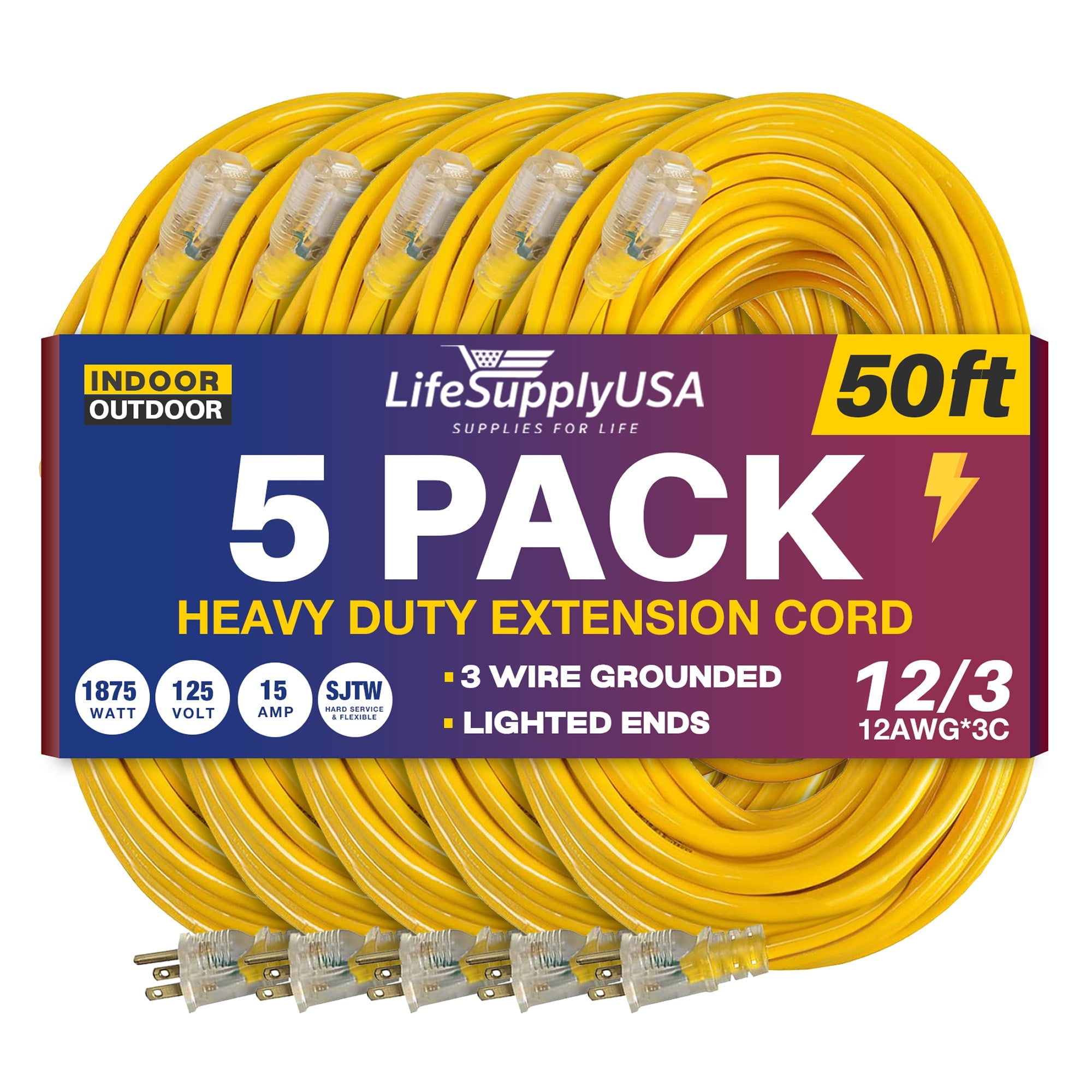50ft Power Outdoor Extension Cord & Indoor - Waterproof Electric Drop ...