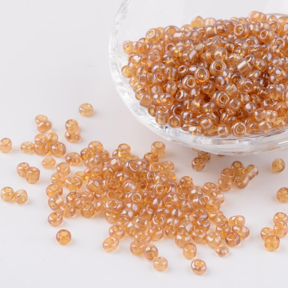 50g 4mm Round Glass Seed Beads Trans. Colours Lustered Goldenrod 1.5mm ...
