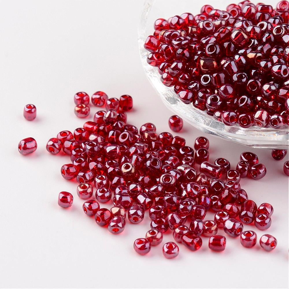 50g Round Glass Seed Beads Trans. Colours Lustered Crimson Size: 4mm in ...