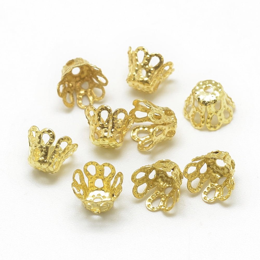50gs Iron Bell Filigree Bead Caps Fancy Bead Caps Flower 4-Petal Golden ...