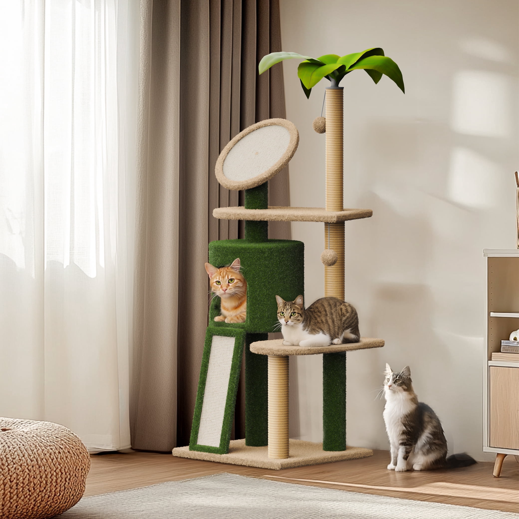 50in Cute Cat Tree Tower for Indoor Cats, Green Leaves, Multi-Level Cat ...