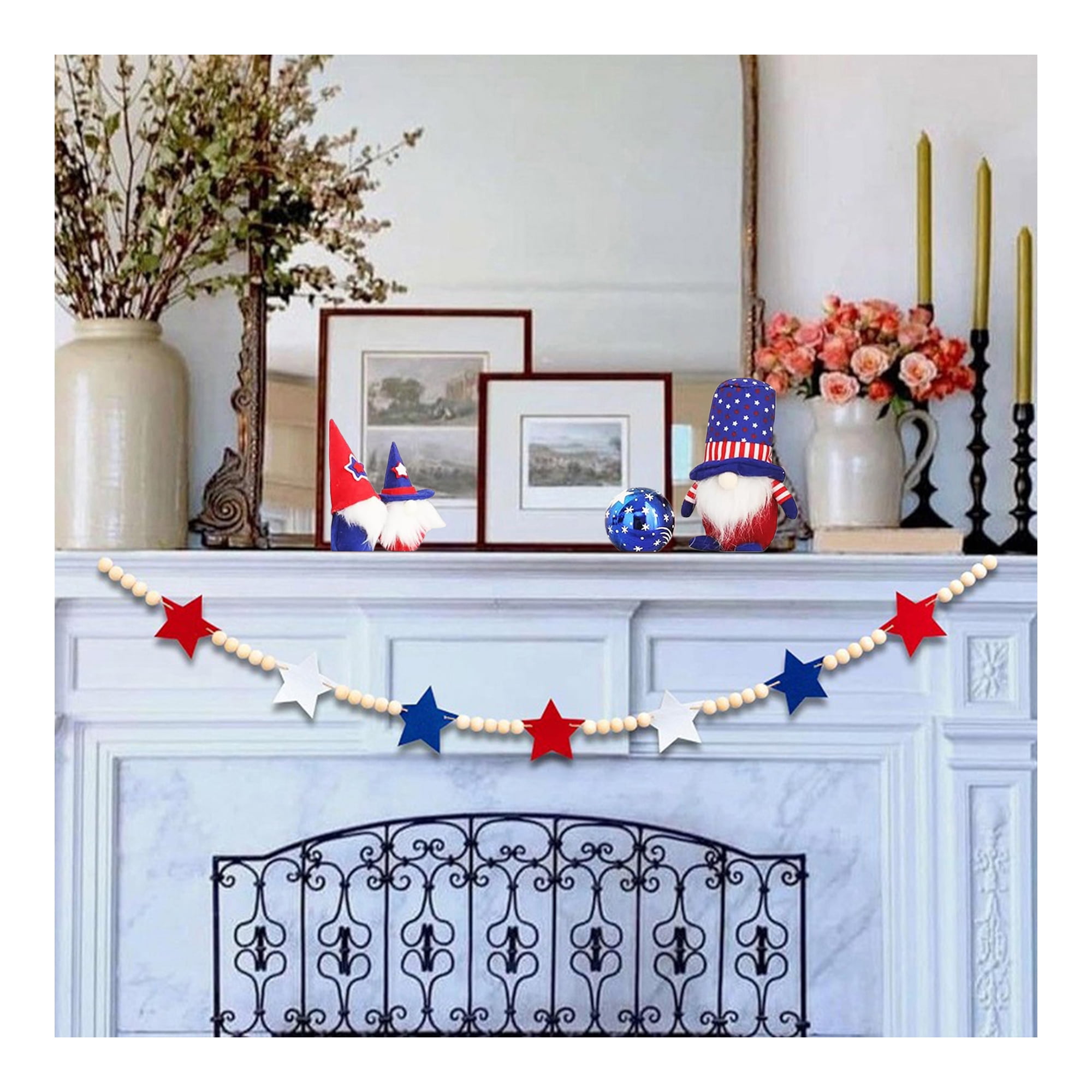 50inch Patriotic Wooden Beads Garland with Star-Shaped Charms, Red ...