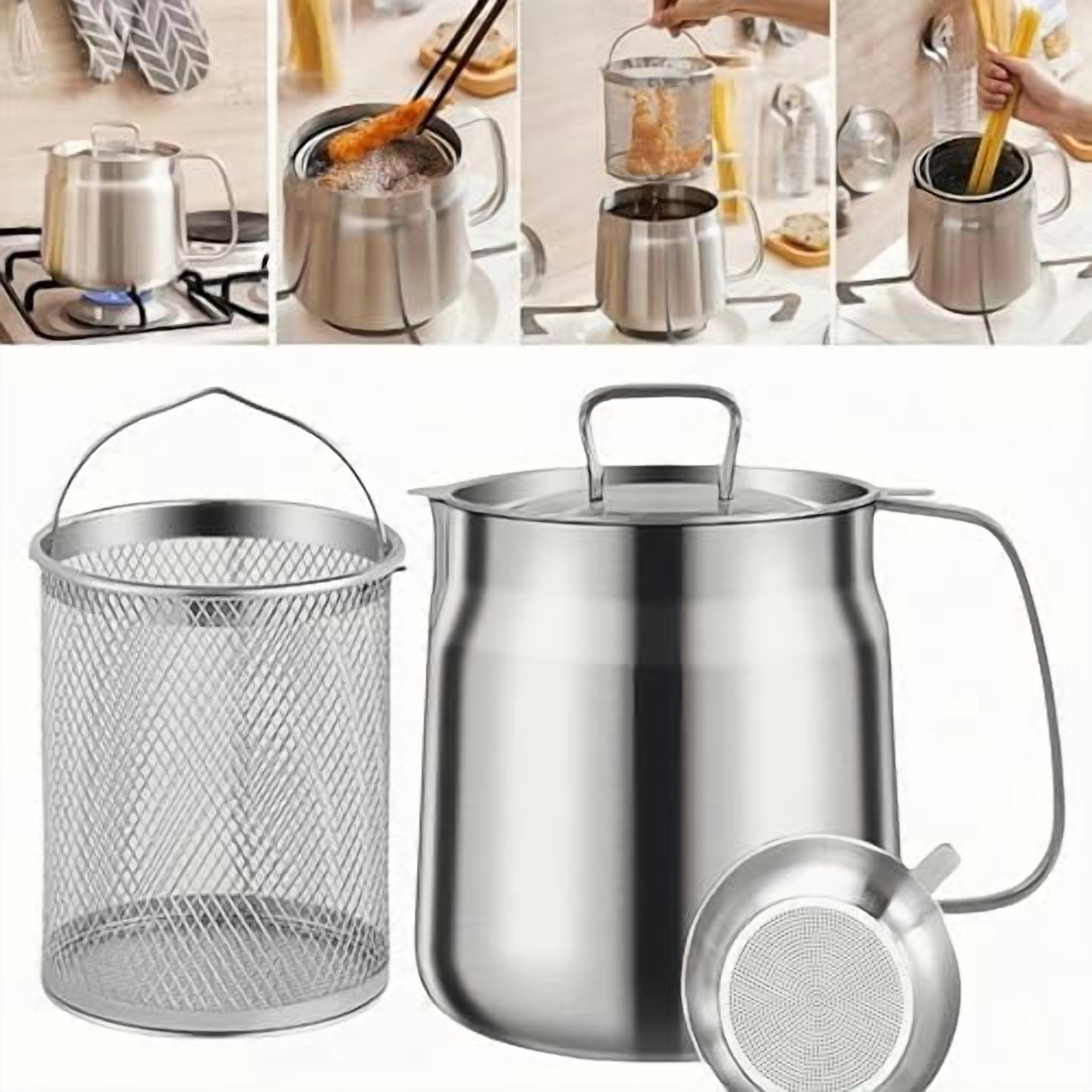 50oz 304 Stainless Steel Deep Fryer Pot with Basket & Strainer, Large ...