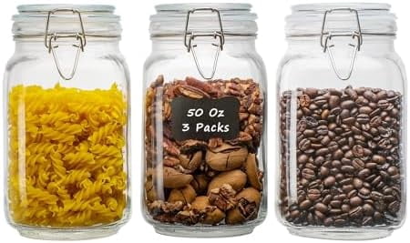 50oz Square Glass Food Storage Jars with Airtight Clamp Lids, 3 Pack ...
