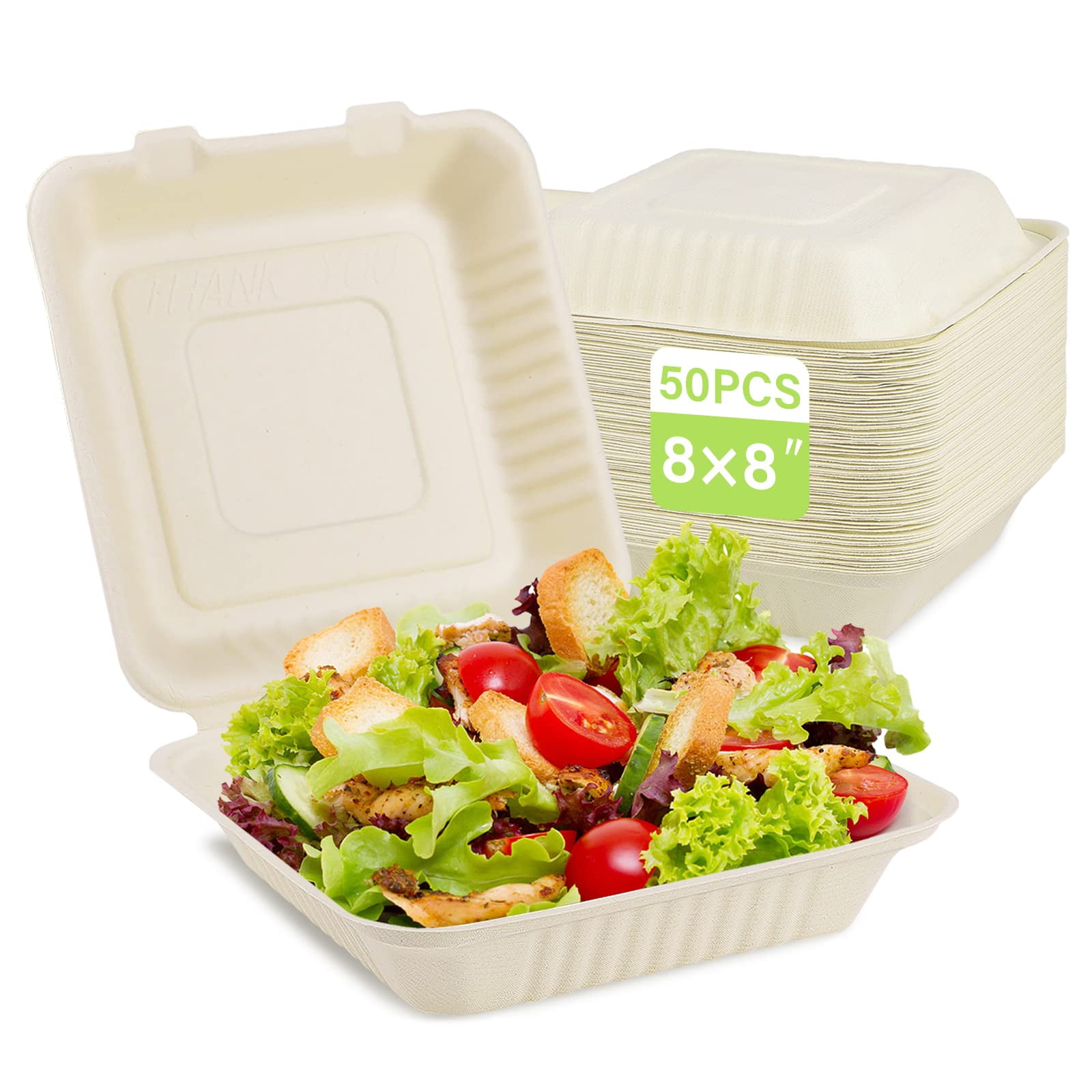 50pack Compostable Take Out Container 8x8, Disposable To Go Food Boxes ...