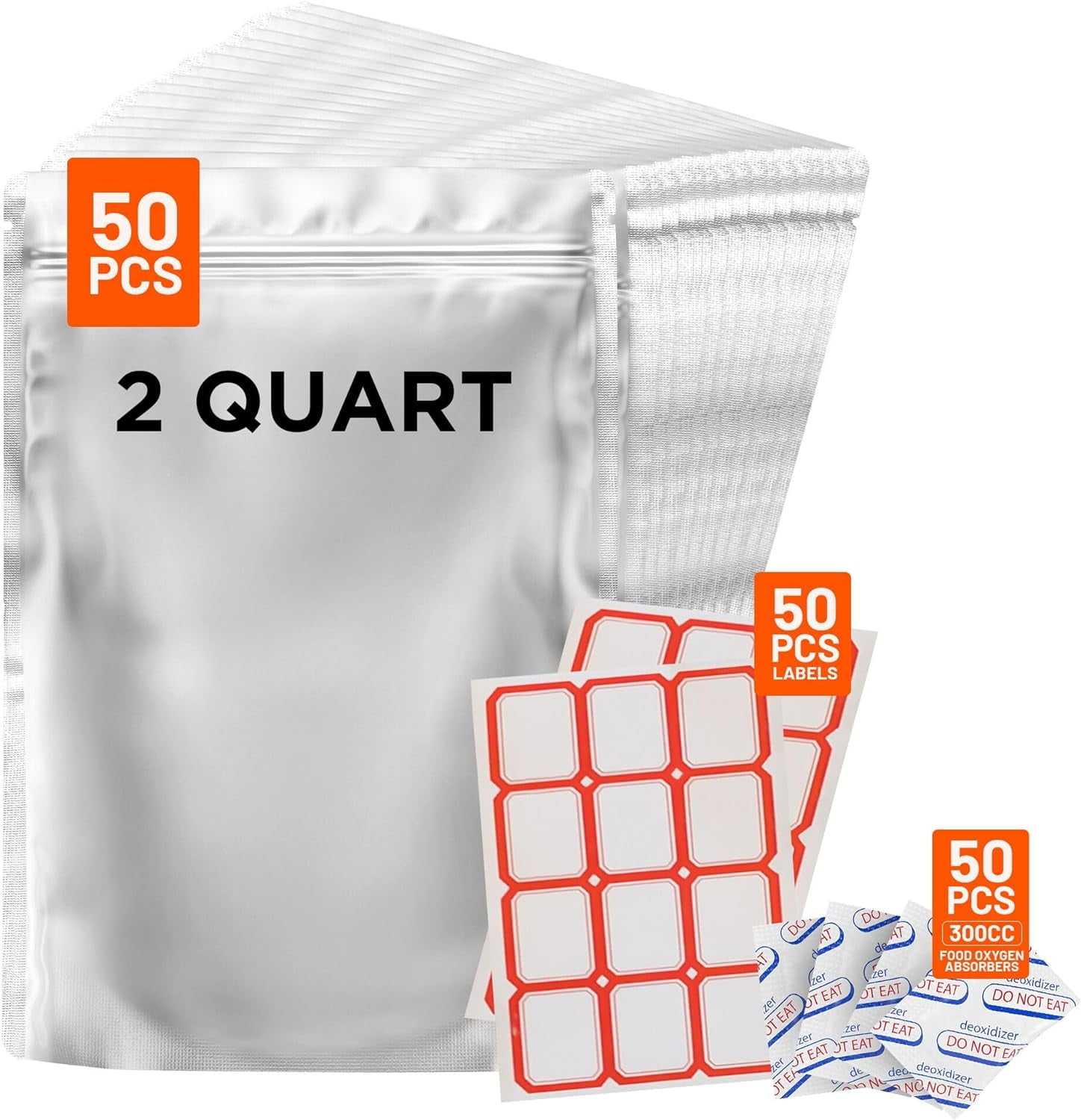 50pc- 2Quart Mylar Bags for Long-Term Food Storage -10 Mil Thick, 300cc ...