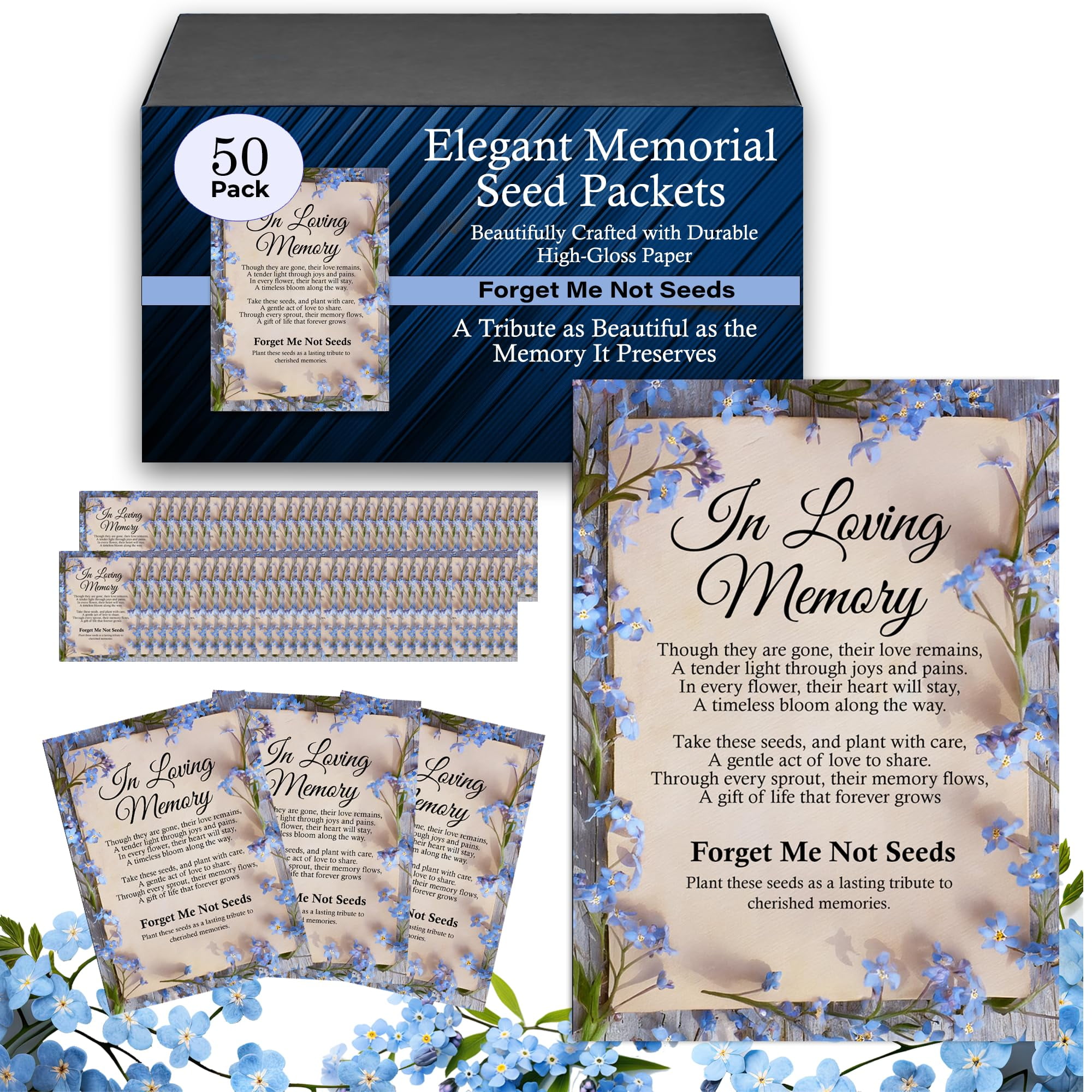50pc Blue Premium CORNET Pre-Filled Forget Me Not Seeds Packets Favors ...