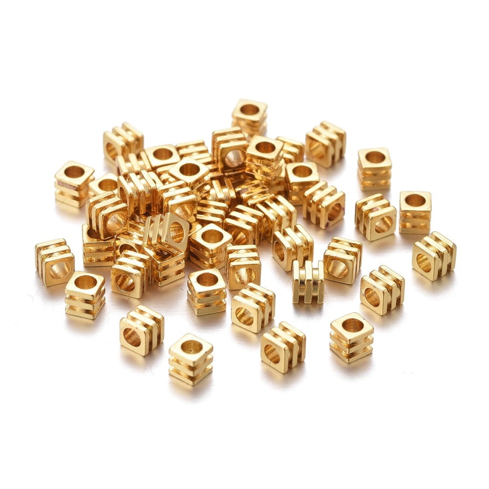 50pc Brass Spacer Beads Long-lasting Plated Grooved Cube Golden 3x3x3mm ...