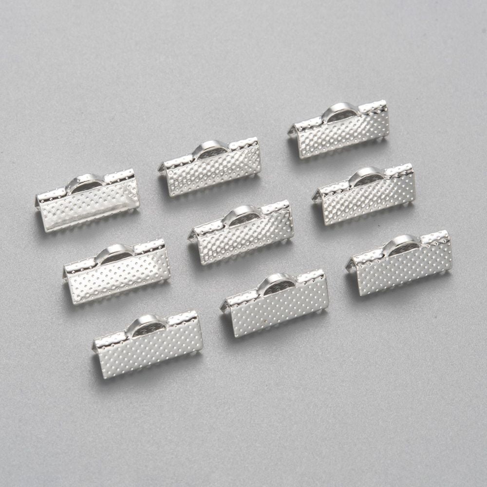 50pc Iron Ribbon Crimp Ends Silver Color Plated 8mm long 16mm wide Hole ...