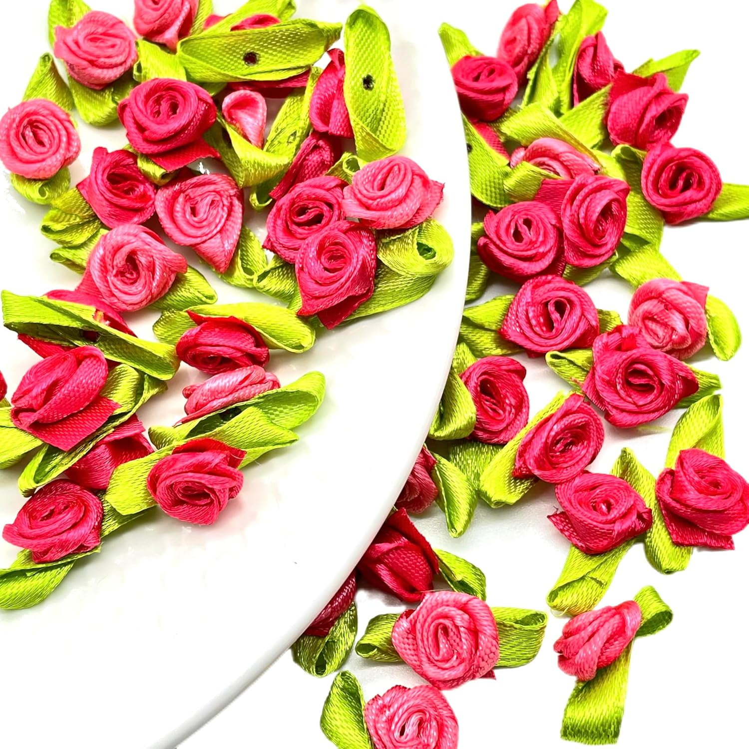 50pc Mini Ribbon Roses,Rose Artificial Fabric Flowers with Green Leaves ...