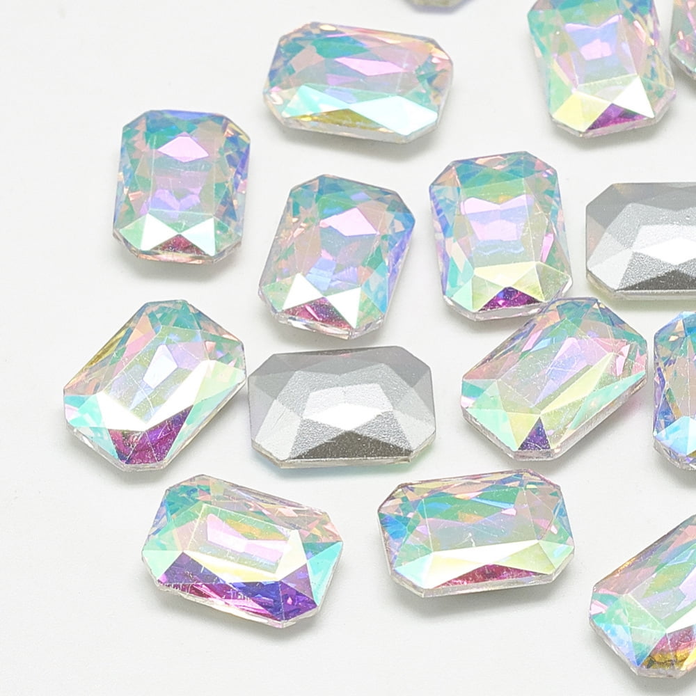 50pc Pointed Back Glass Rhinestone Cabochons Faceted Rectangle Octagon ...