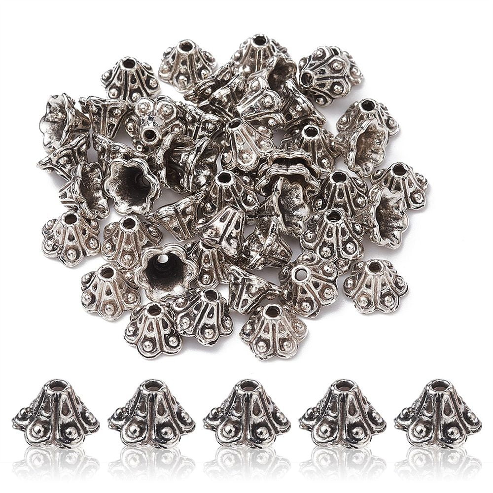 50pc Tibetan Style Alloy Flower Bell Filigree Bead Caps 6-Petal Lead ...