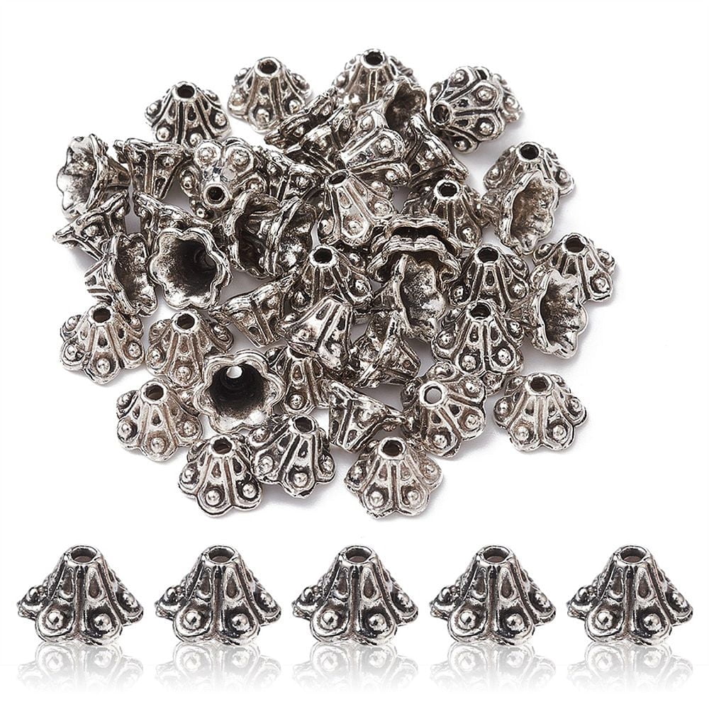 50pc Tibetan Style Alloy Flower Bell Filigree Bead Caps 6-Petal Lead ...