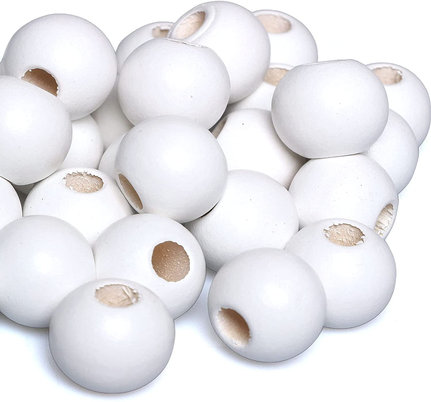 50pcs 20mm White Wood Macrame Beads - 10mm Large Hole - Natural Round ...