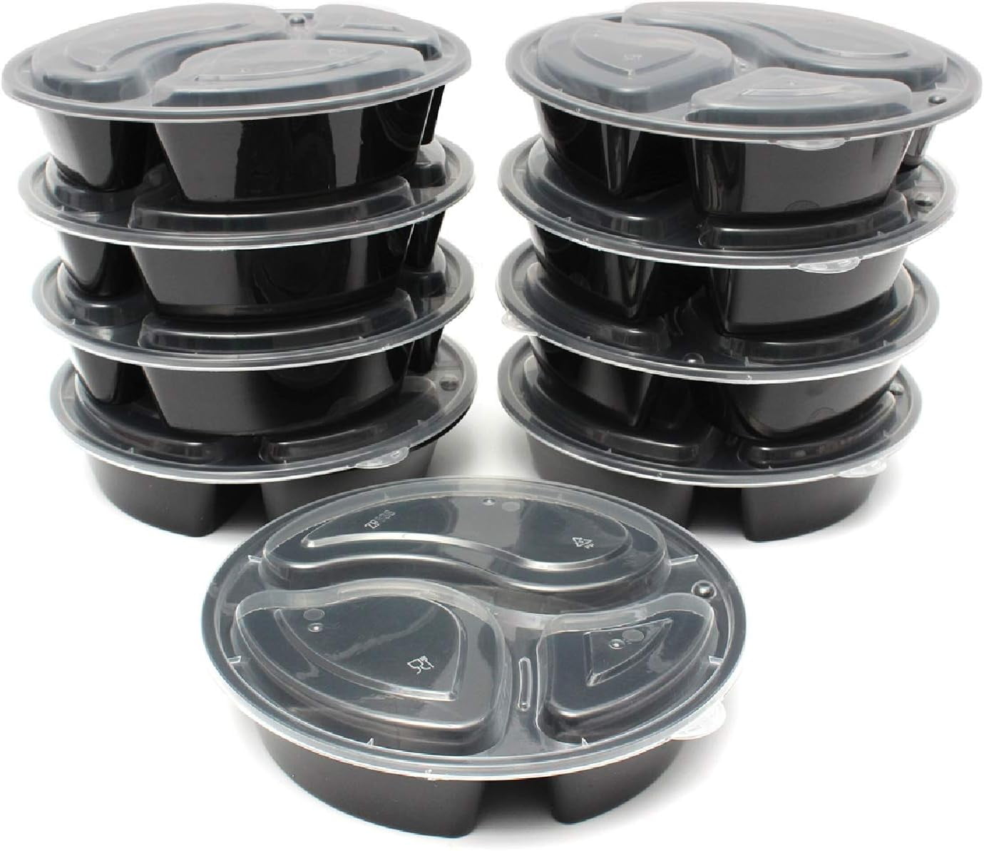 50pcs 48oz Meal Prep Round Containers 3 Compartment w/Lids Food Storage ...