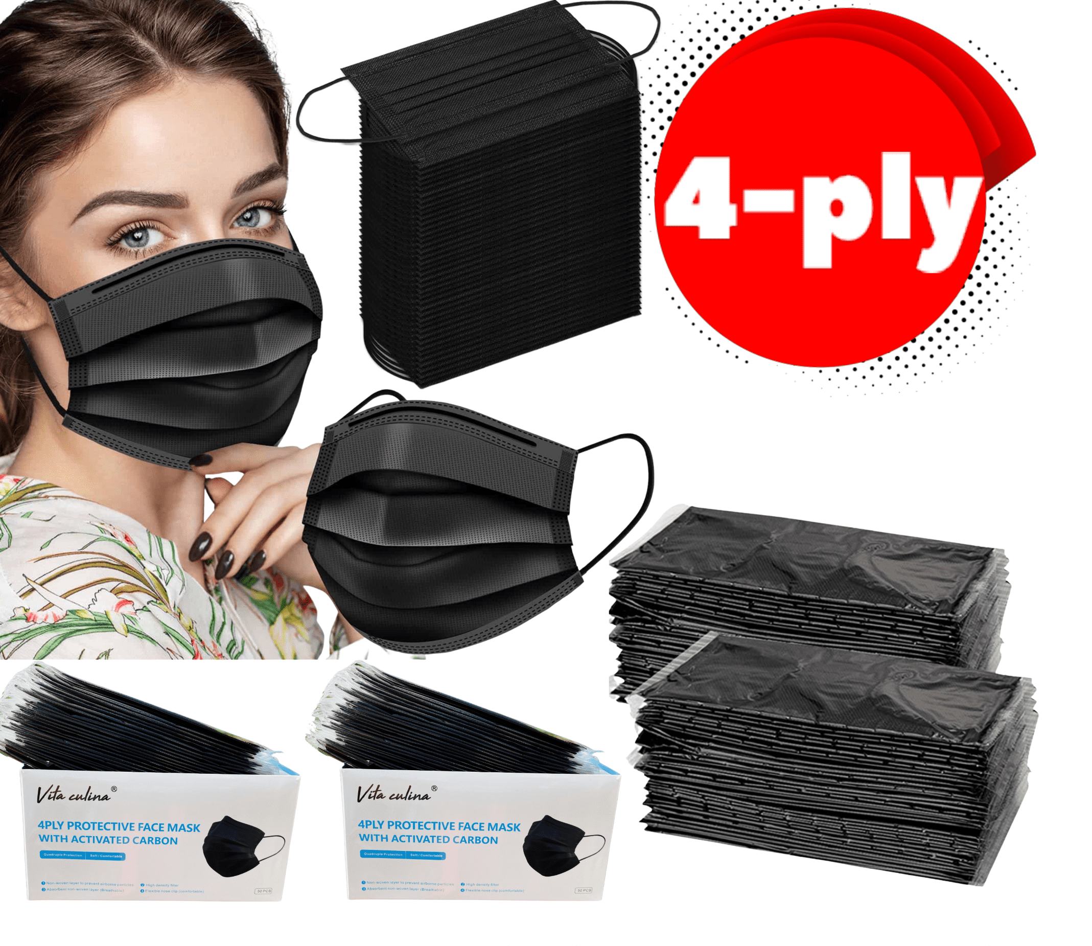 50pcs Medical Masks, Black 4-Ply Protective Adult Masks, Dust ...